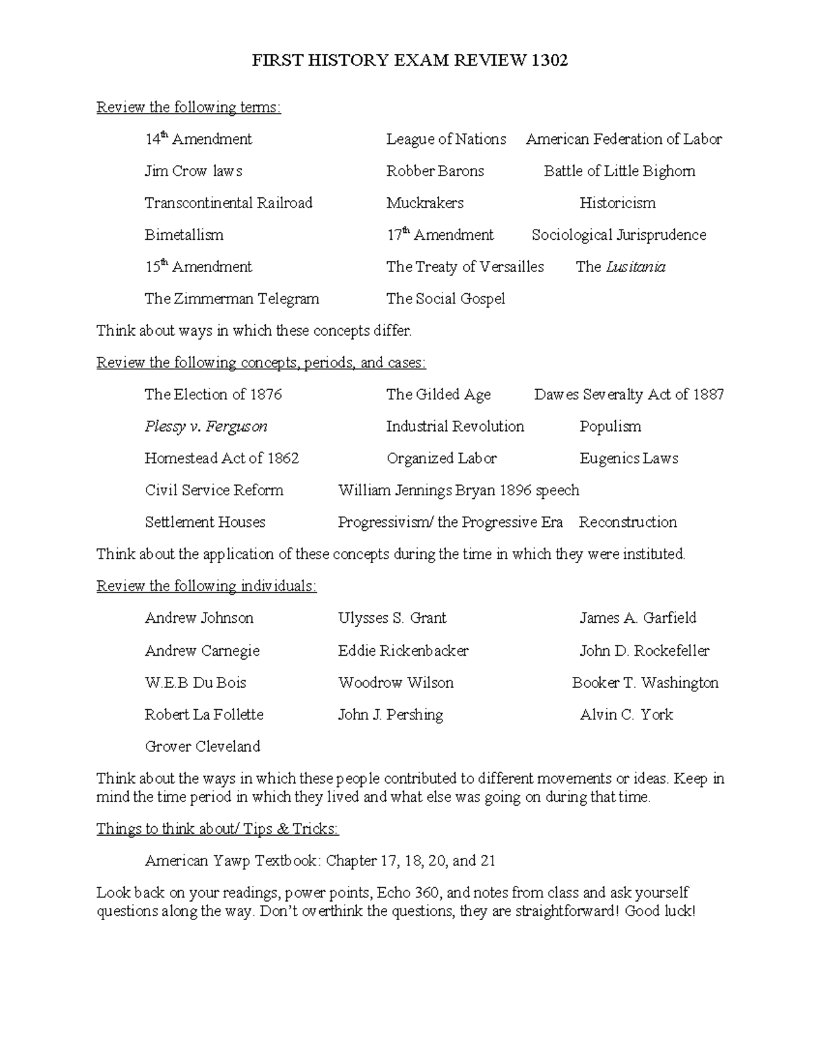 Final Exam Review for History 1302: Key Terms & Concepts - Studocu