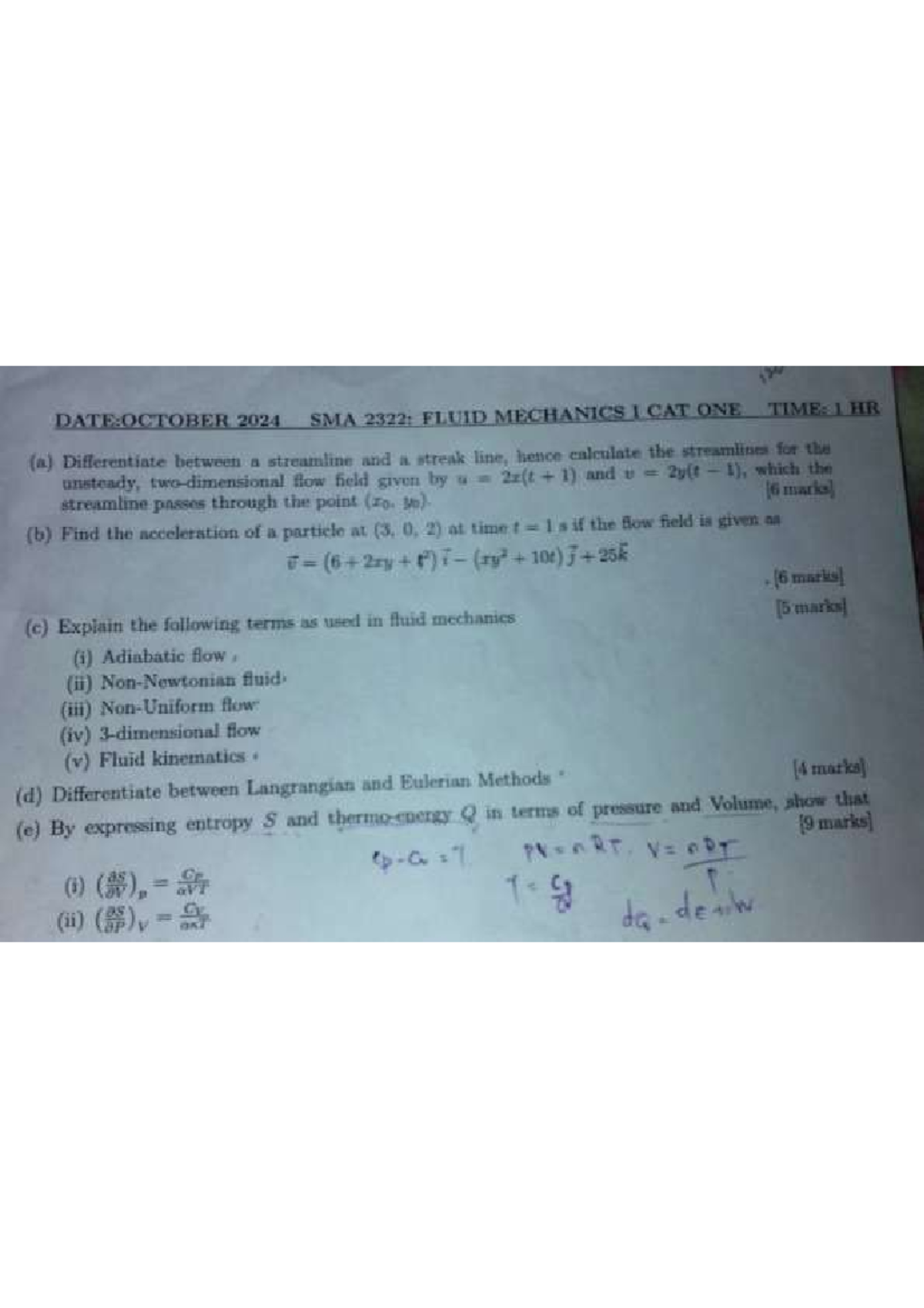 SMA 2322: Fluid Mechanics 1 CAT One Exam Notes - Studocu
