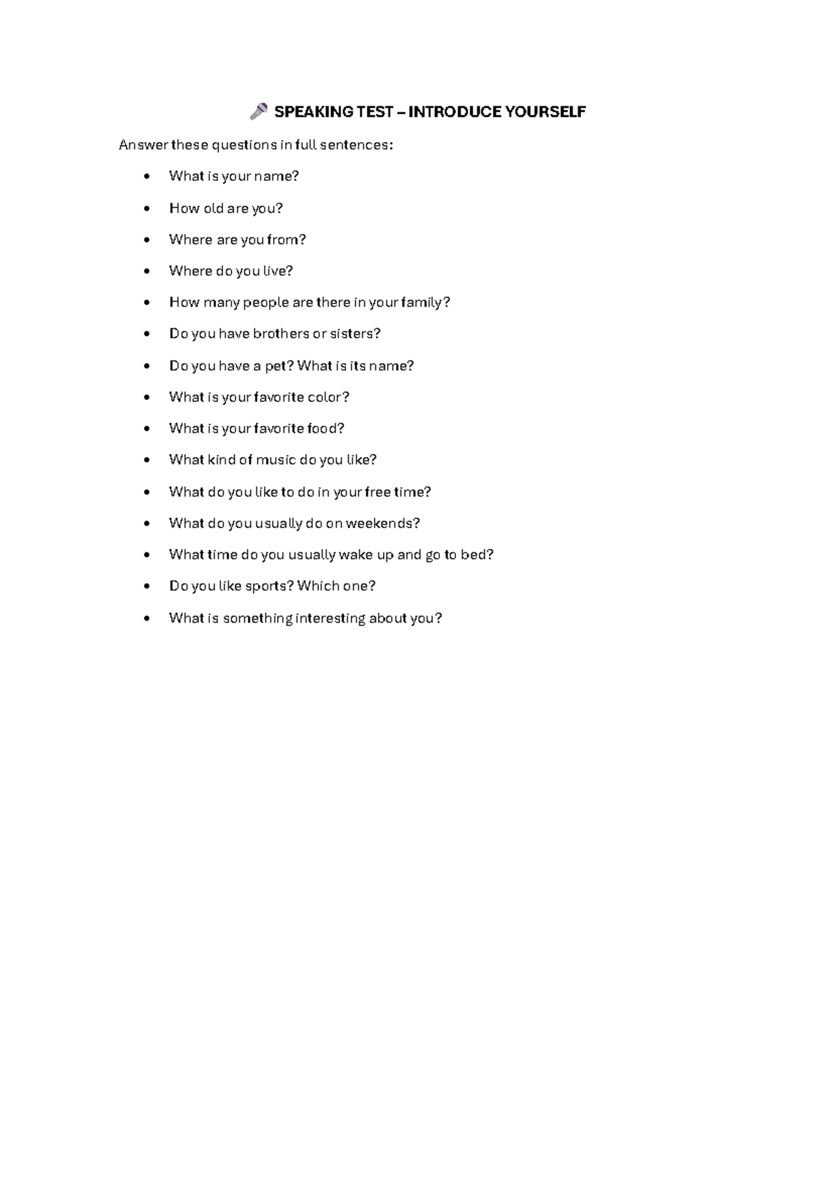 SPEAKING TEST: Introduce Yourself Questions (2) - Studocu