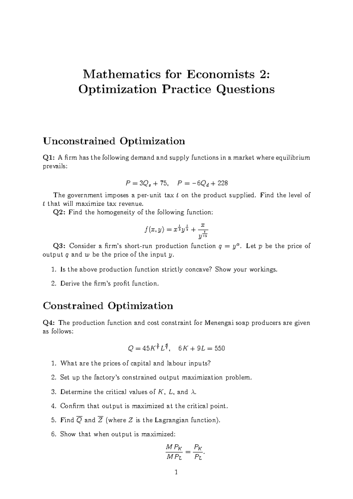 Mathematics for Economists 2: Optimization Practice Questions - Studocu