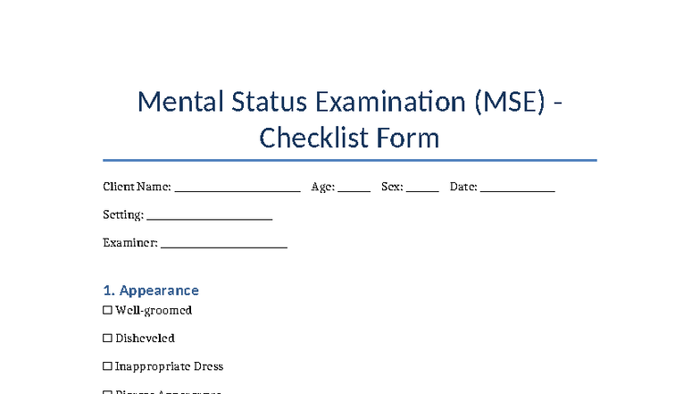 MSE Checklist Form: Comprehensive Assessment Guide - Studocu