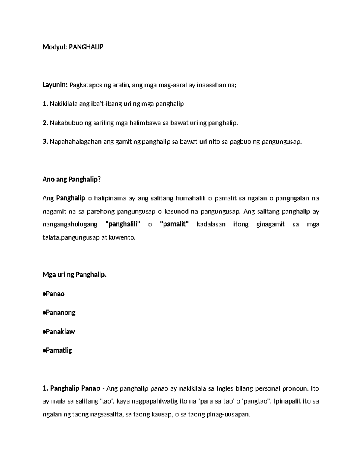 Modyul sa Panghalip: Uri at Gamit ng Panghalip sa Filipino - Studocu