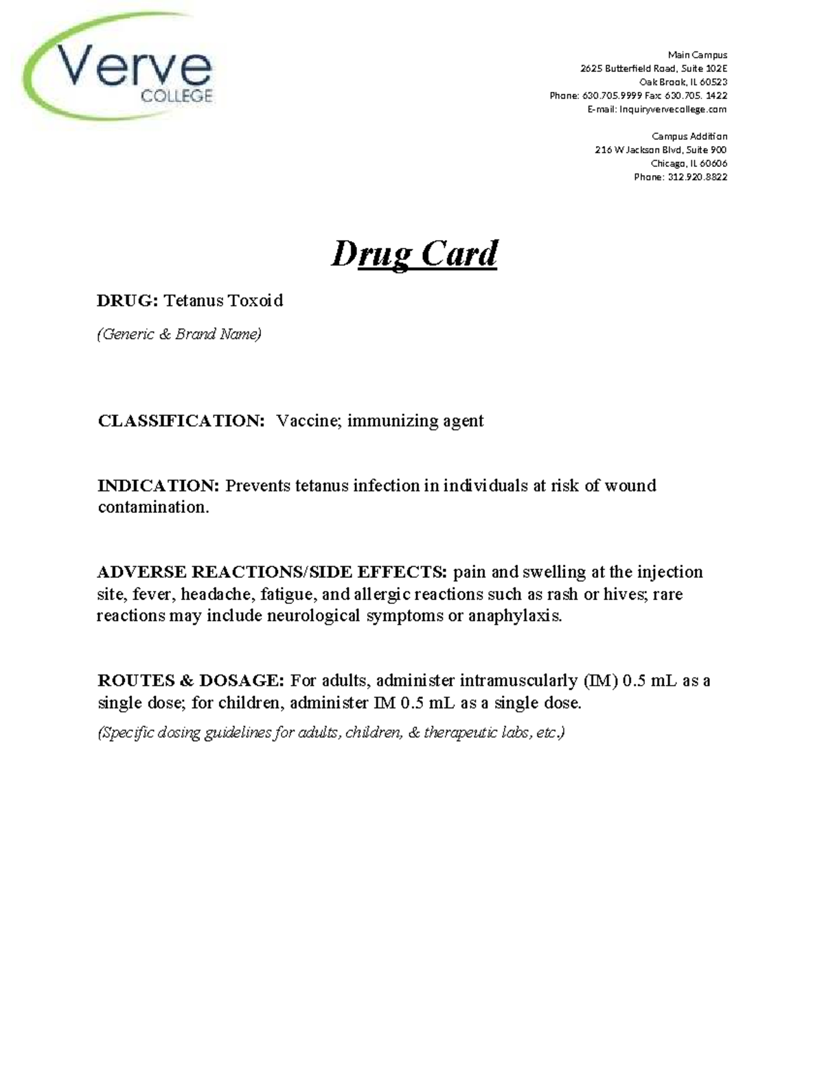 Tetanus Toxoid - Medication Card Details and Guidelines - Studocu