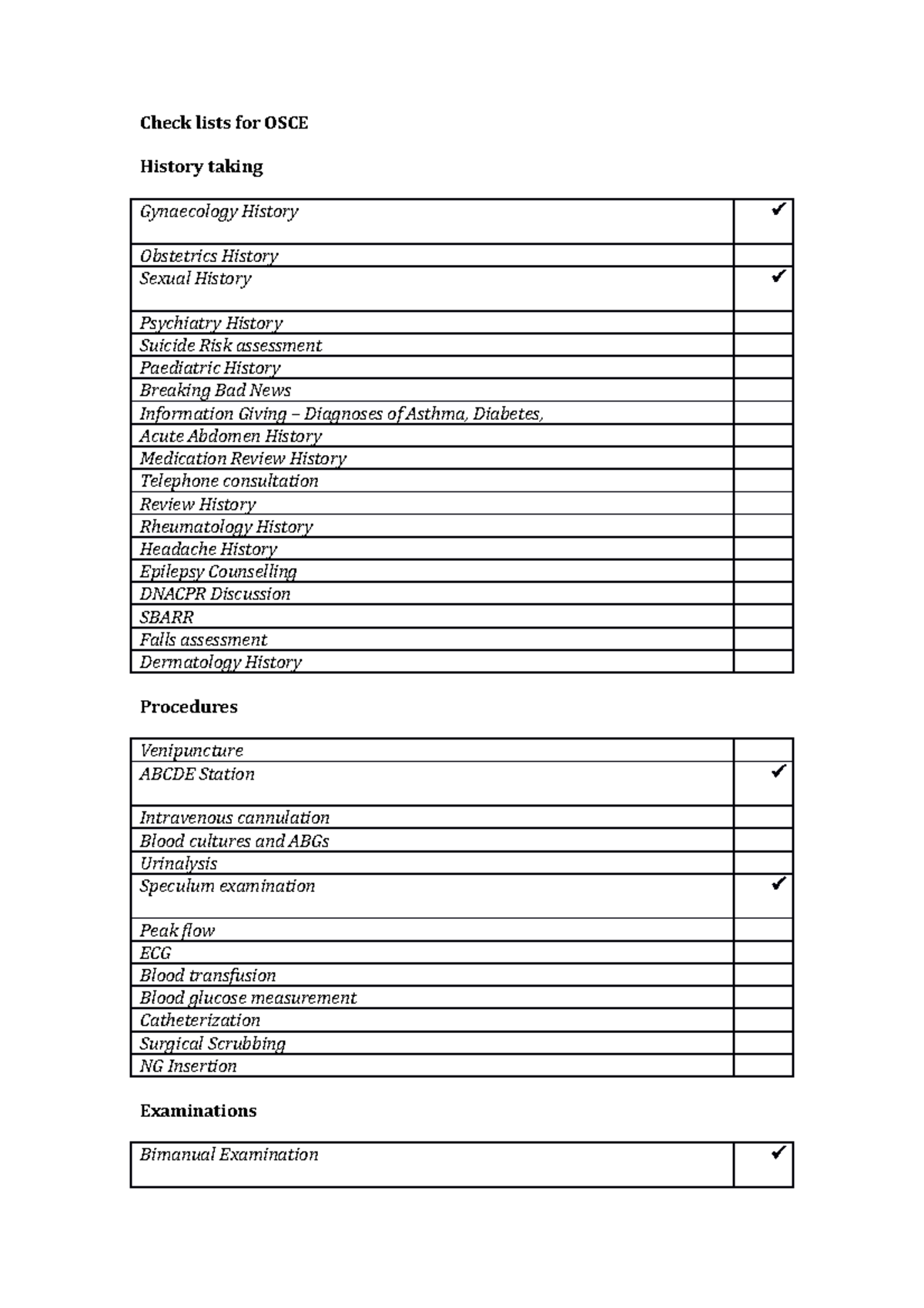 Check list of examinations and procdures for OSCE - Check lists for ...