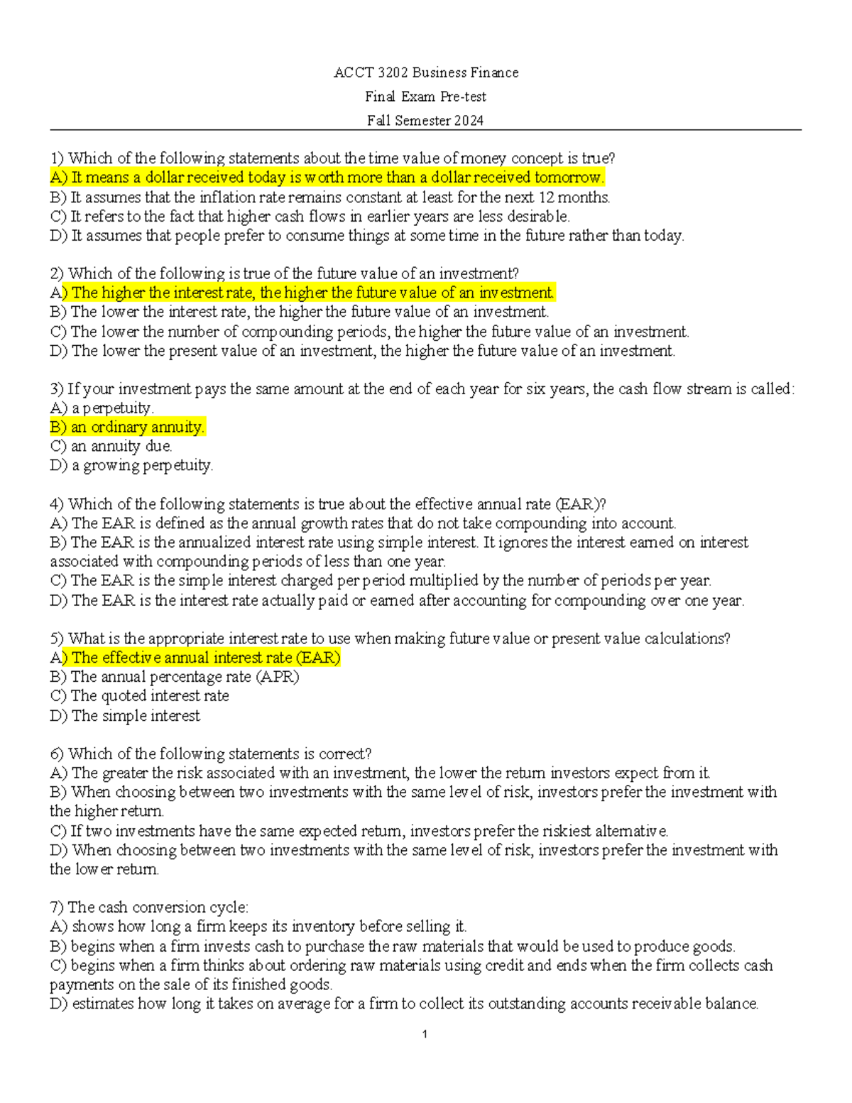 ACCT 3202 Business Finance Final Exam Pre-test - Fall 2024 - ACCT 3202 ...