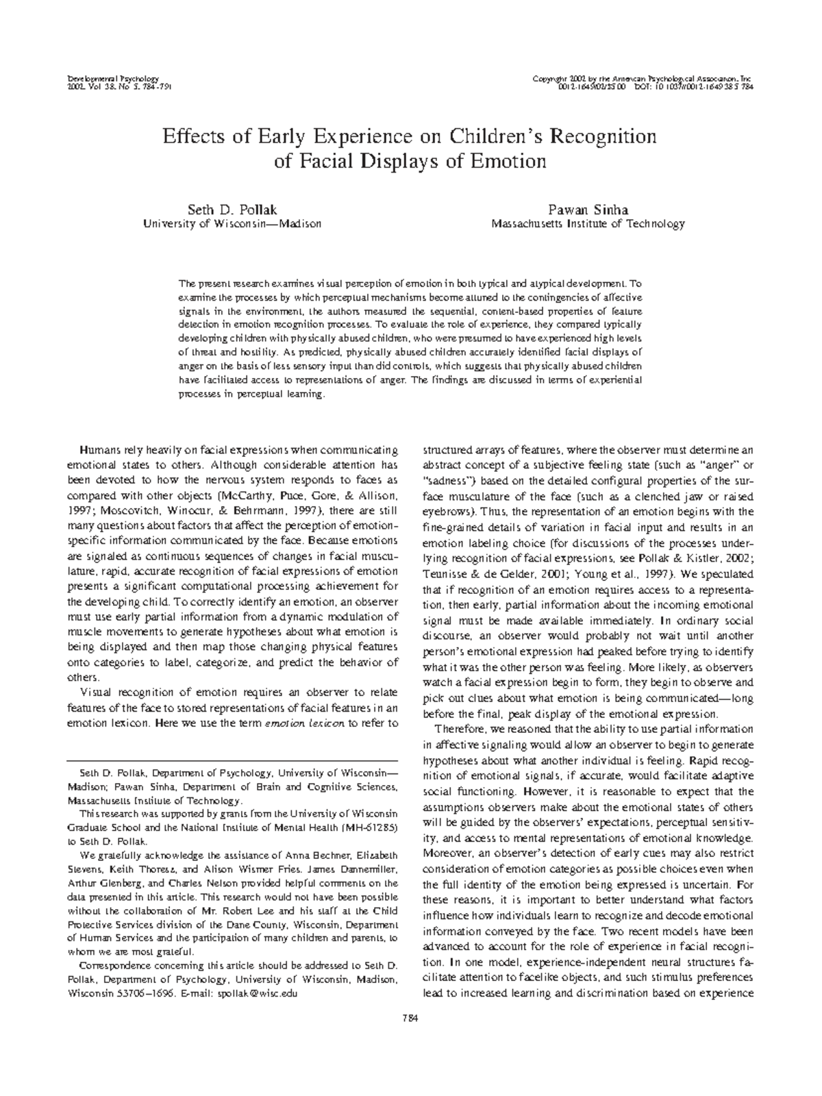 Effects of Early Experience on Emotion Recognition in Developmental ...
