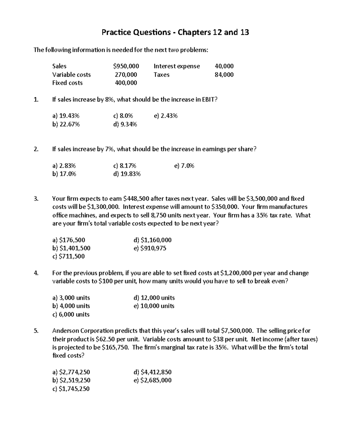Practice Questions for Chapters 12-13: Finance Concepts and ...