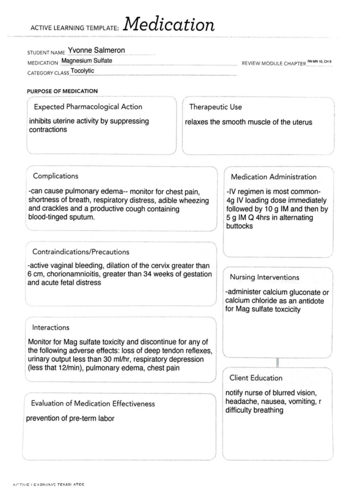 Magnesium Sulfate: Active Learning Template & Medication Review - Studocu