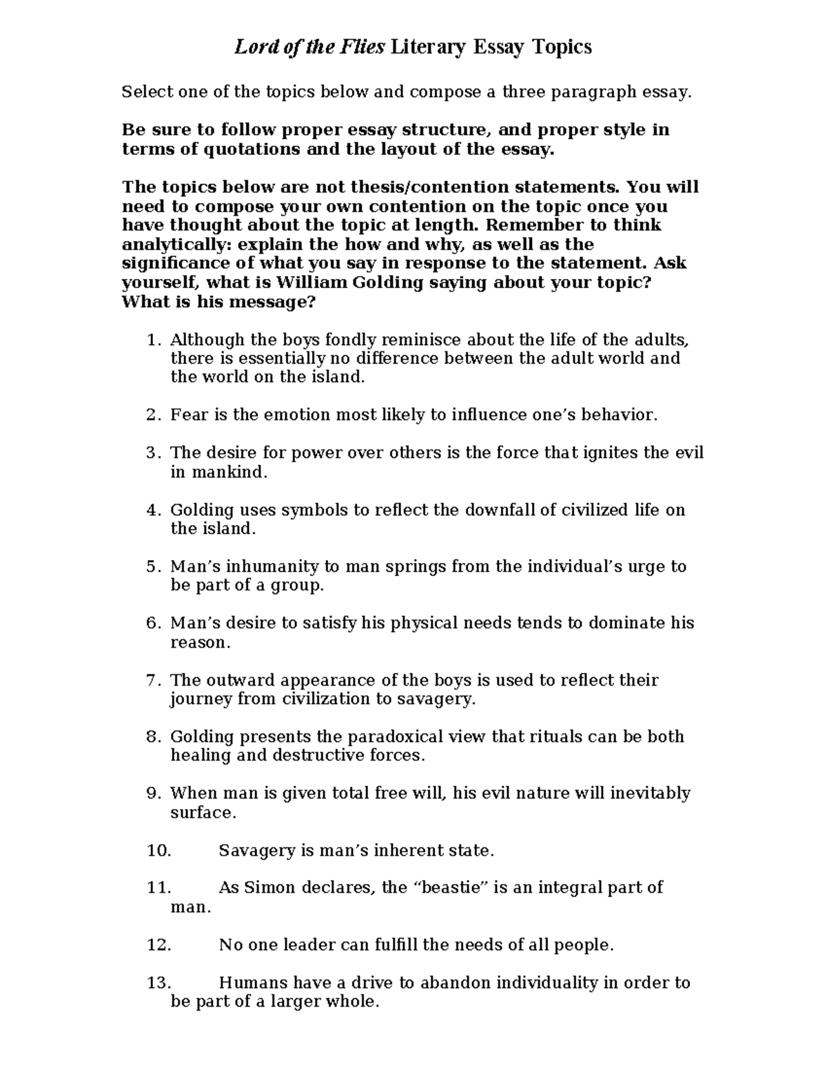 ENG 101: Lord of the Flies Literary Essay Topics & Guidelines - Studocu