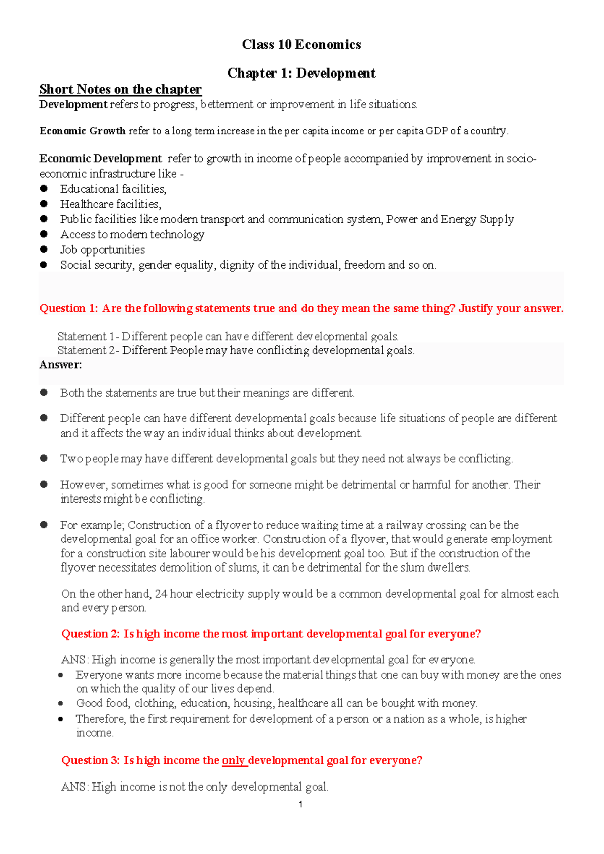 Class 10 Economics Short Notes: Chapter 1 - Development Q&A - Studocu
