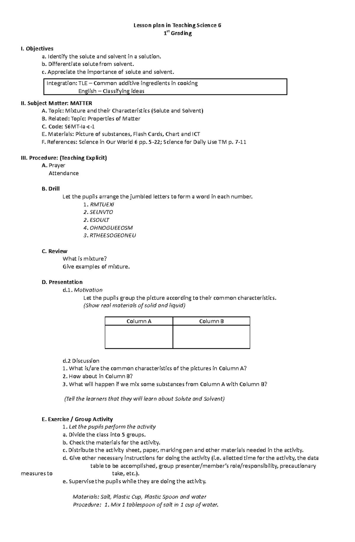 428981764 Lesson Plan for Science 6: Solute and Solvent Concepts - Studocu