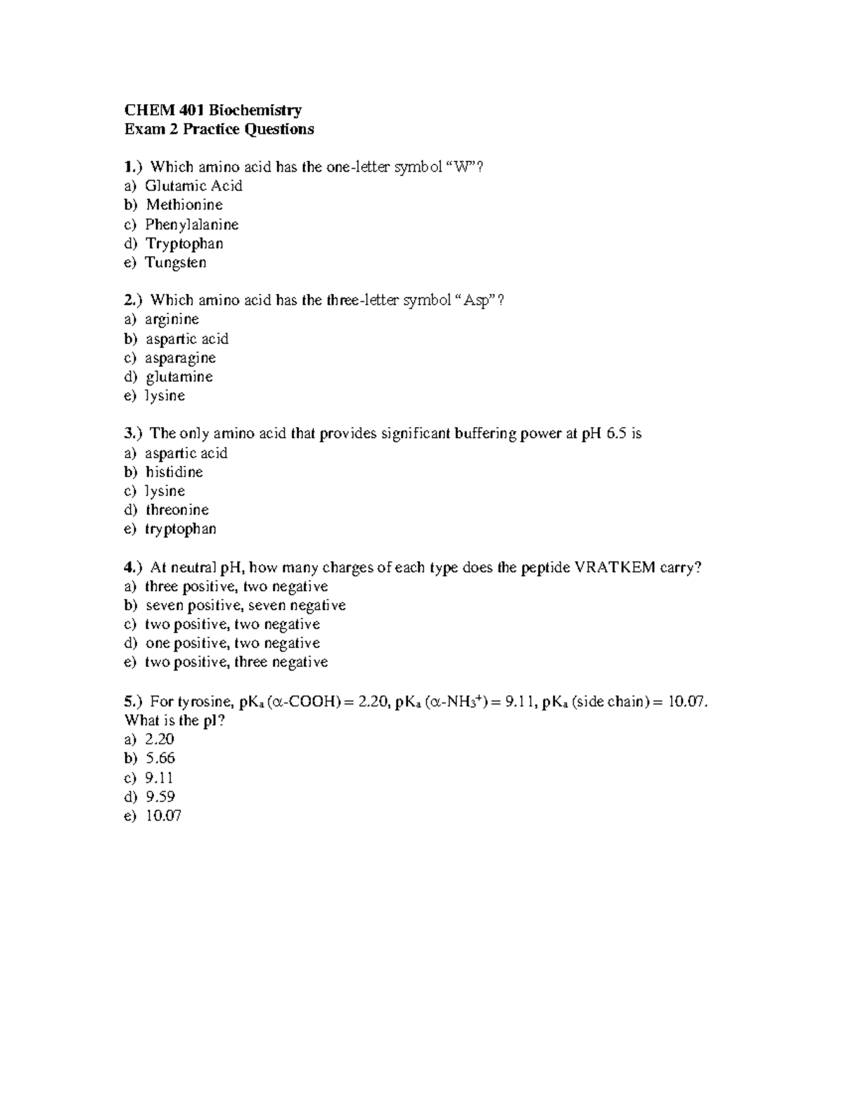 CHEM401 Exam 2 Biochemistry Practice Questions - Studocu