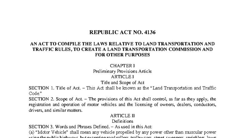 Republic Act No. 4136: Land Transportation & Traffic Rules Overview ...