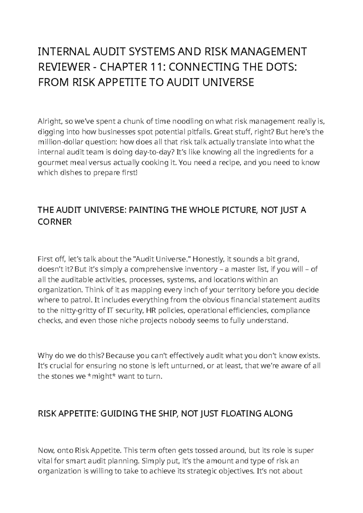 INTERNAL AUDIT SYSTEMS & RISK MGMT REVIEWER CH 11: AUDIT UNIVERSE - Studocu