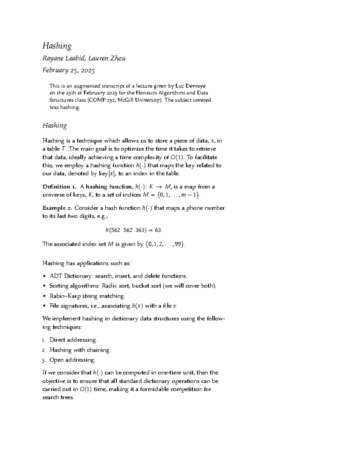 COMP 252 Lecture Notes: Hashing Techniques and Applications - Studocu