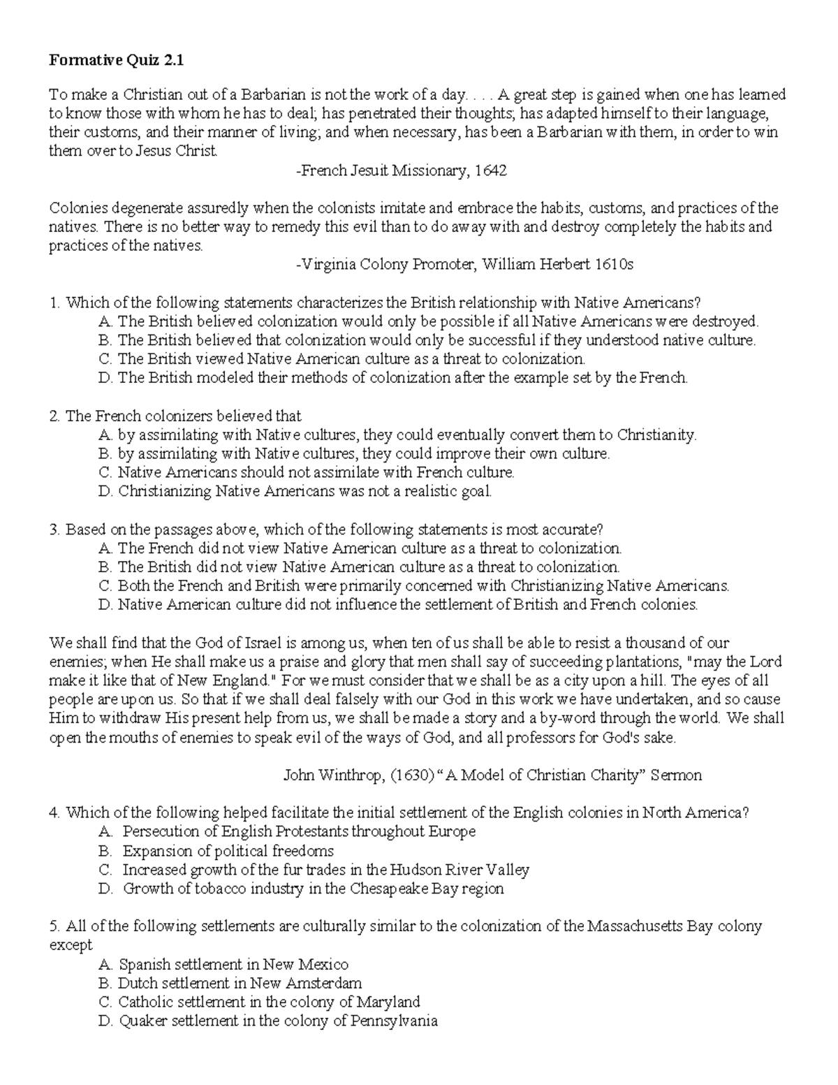 Formative Quiz 2: Understanding Colonial Relationships and Cultures ...