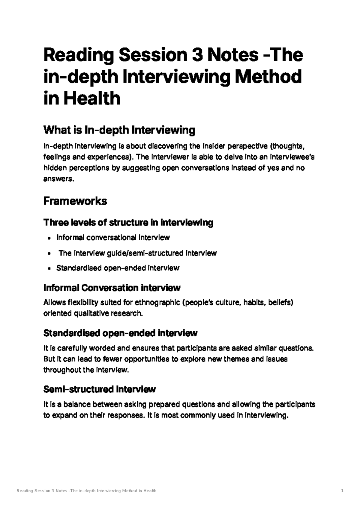 Reading Session 3 Notes: Interviewing Methods in Health - Studocu