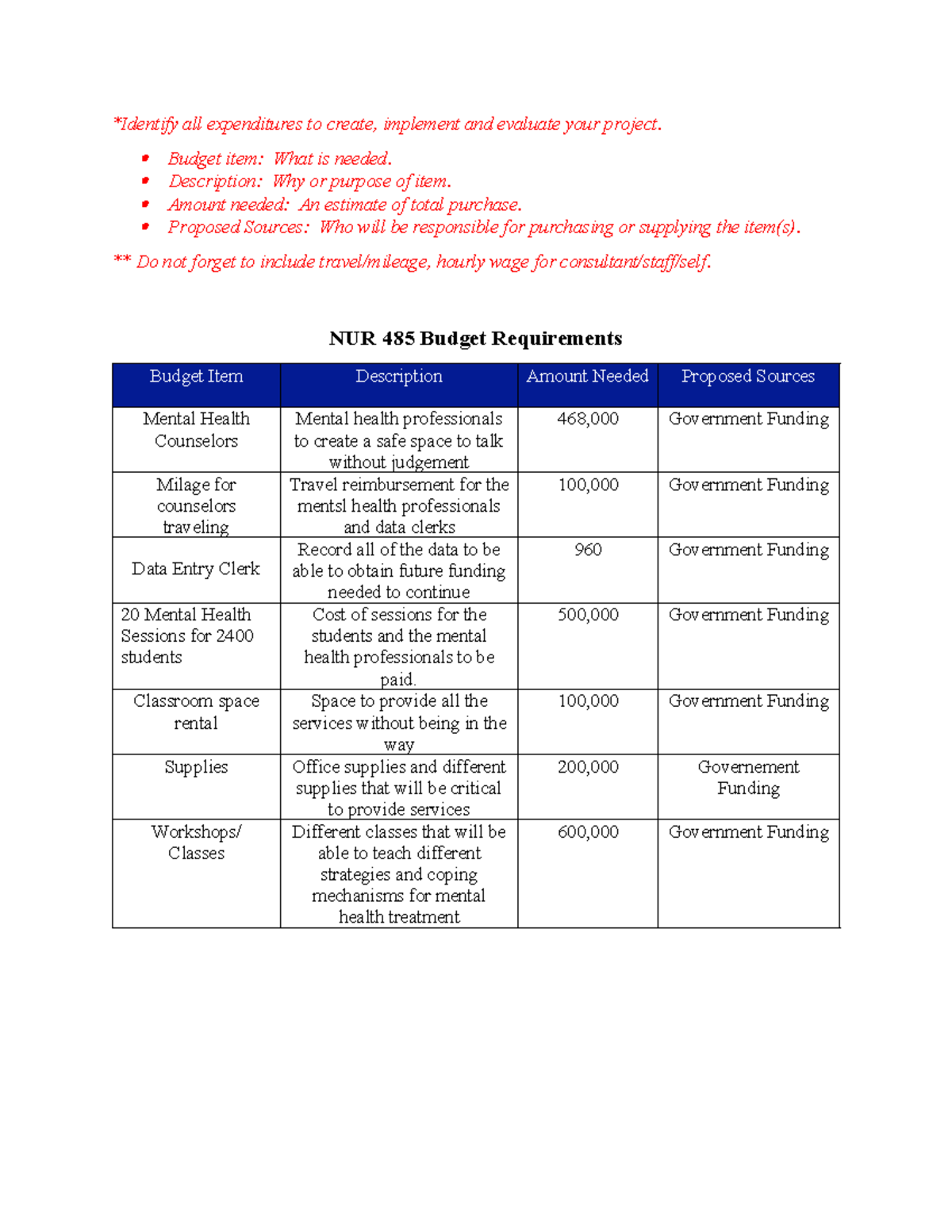 NUR 485 Updated Budget Expenditure Requirements for Project ...