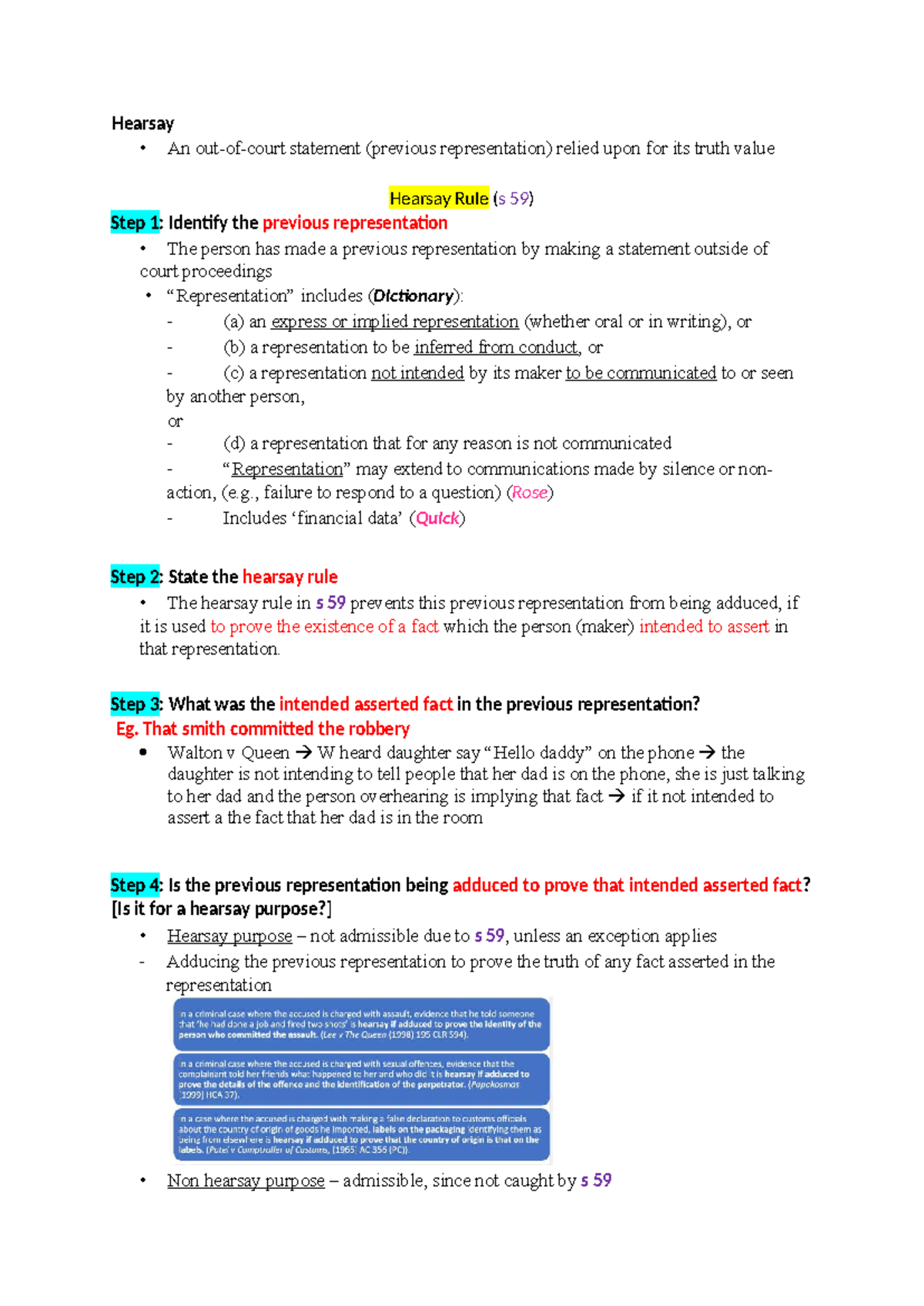 Hearsay Evidence Analysis and the Hearsay Rule (s 59) - Studocu