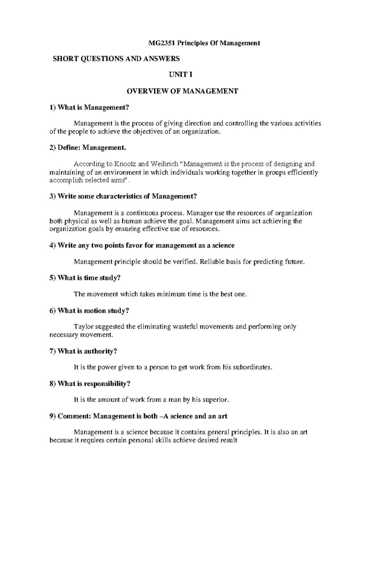 Ppm notes 4 - MG2351 Principles Of Management SHORT QUESTIONS AND ...