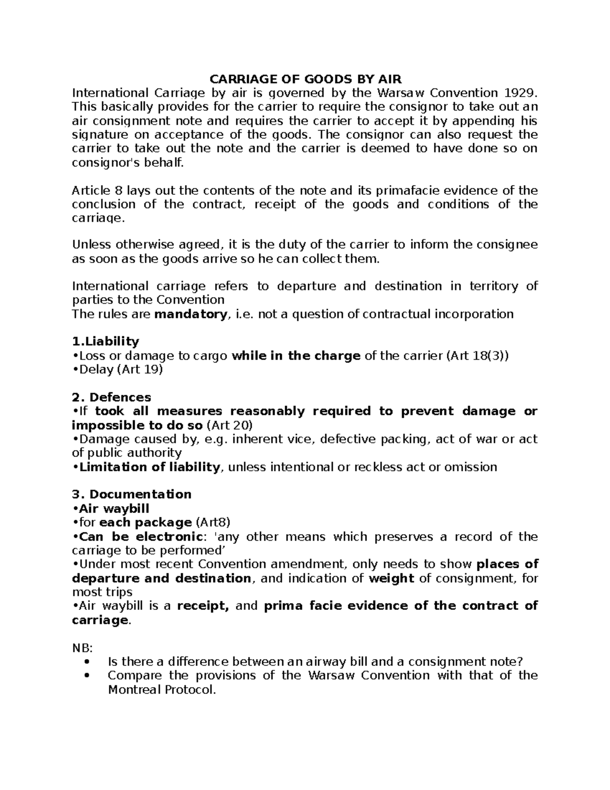 International Carriage of Goods by Air - Overview and Key Provisions ...