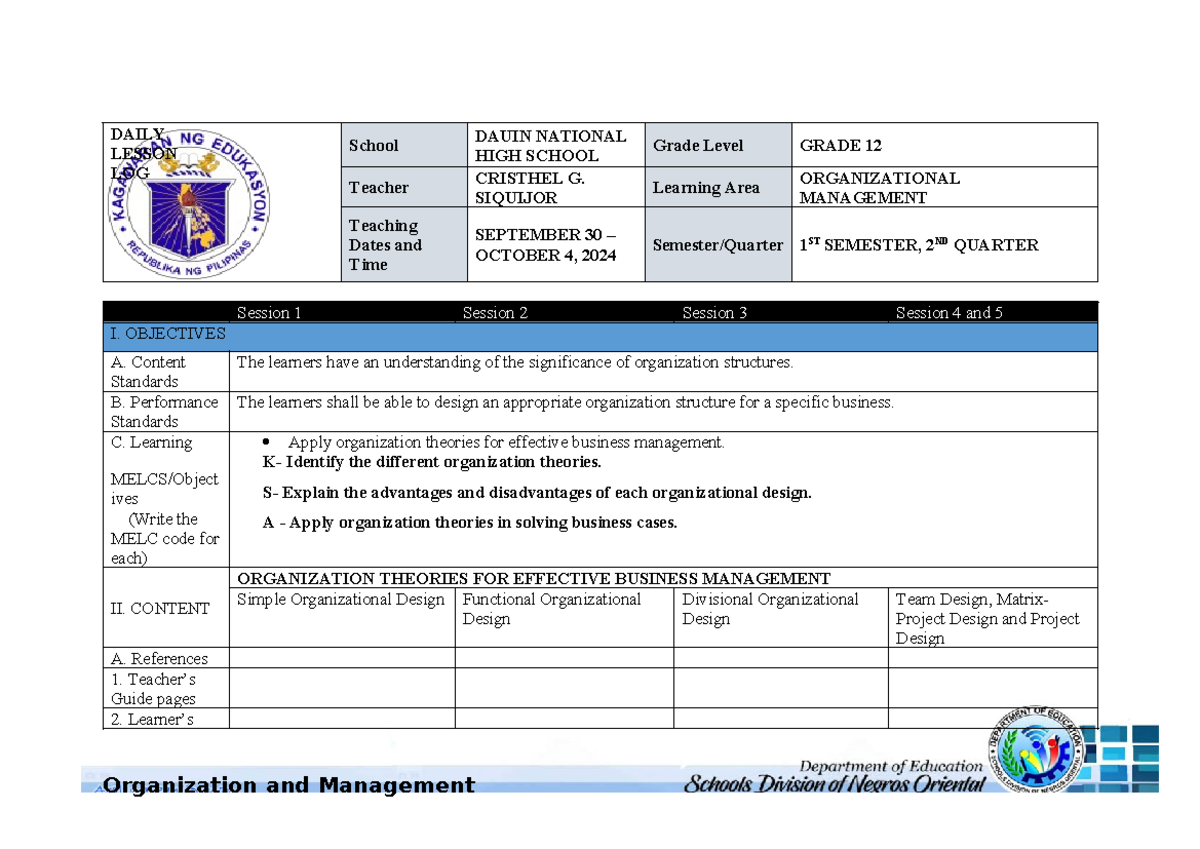 Orgman DLP 01 - practice material - DAILY LESSON LOG School DAUIN ...