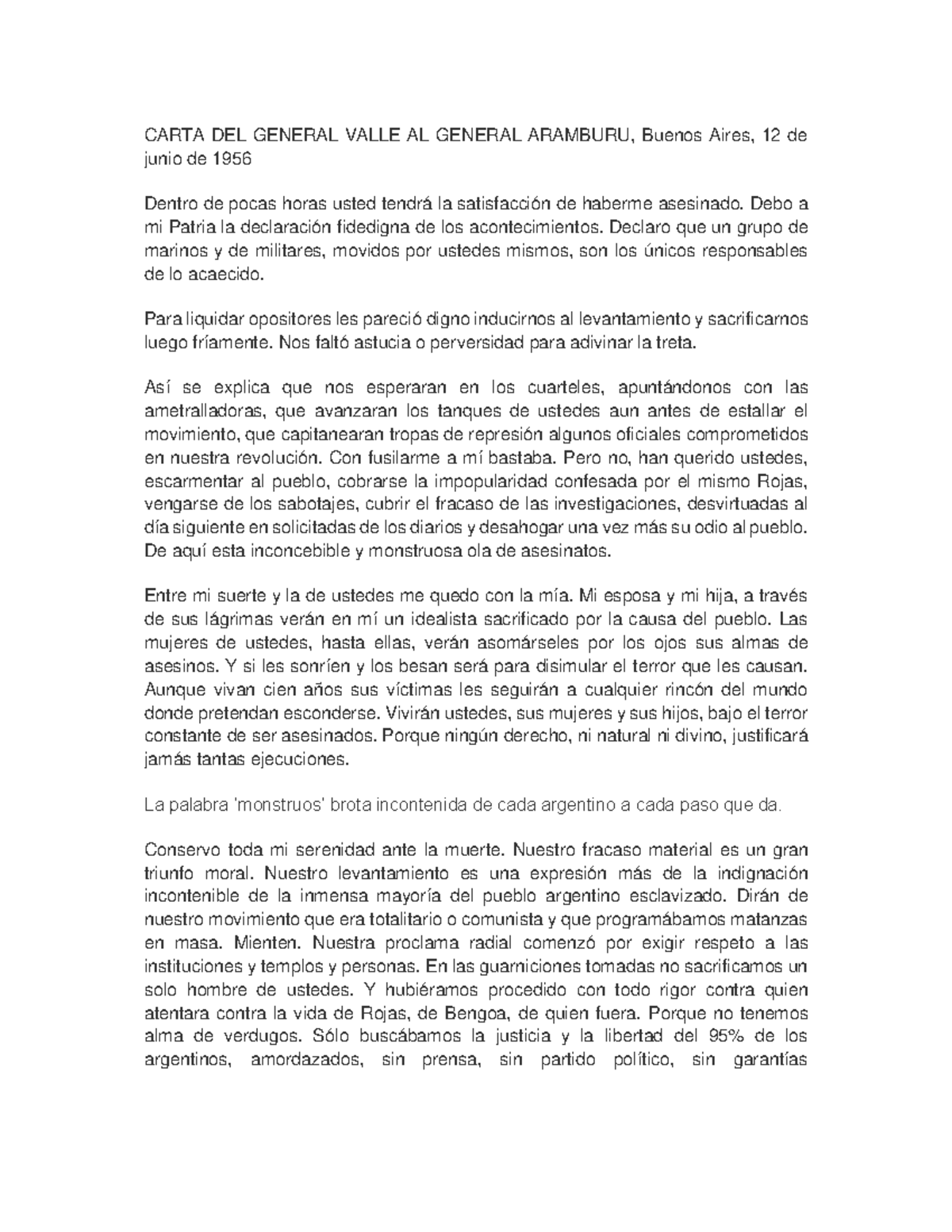 Carta DEL General Valle AL General Aramburu - CARTA DEL GENERAL VALLE ...