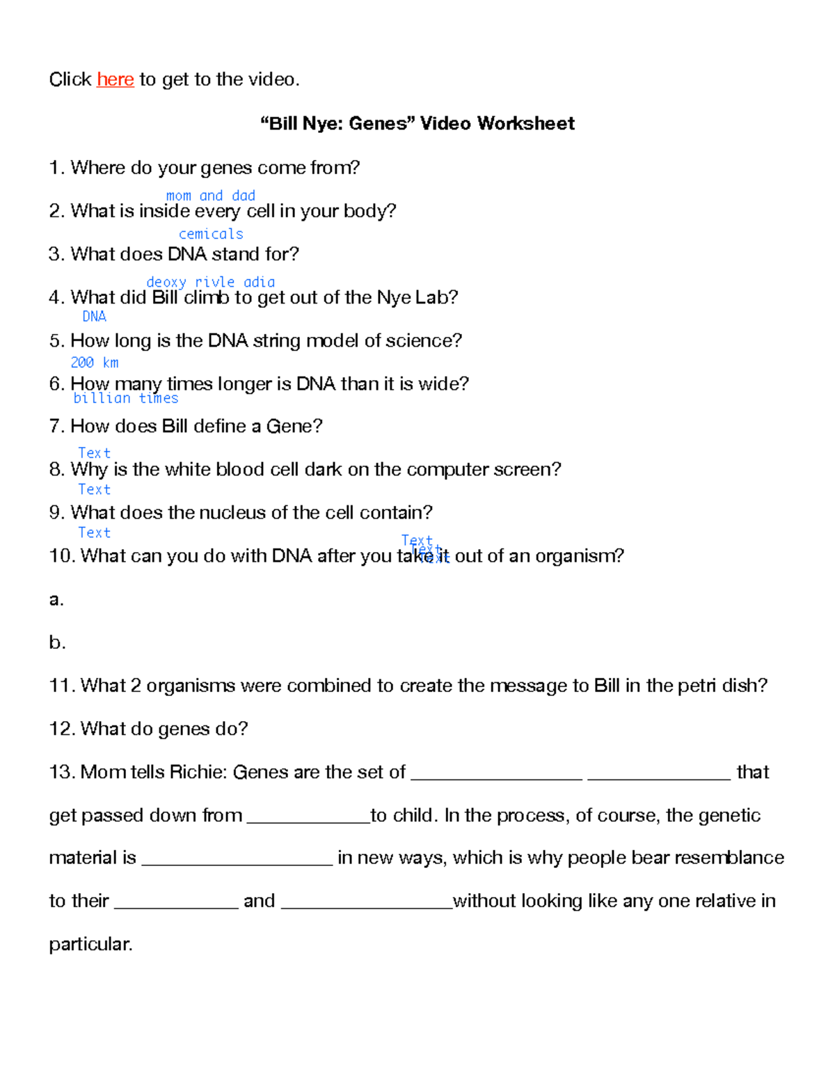 Bill Nye Genes Video Worksheet - Study Guide for Students - Studocu