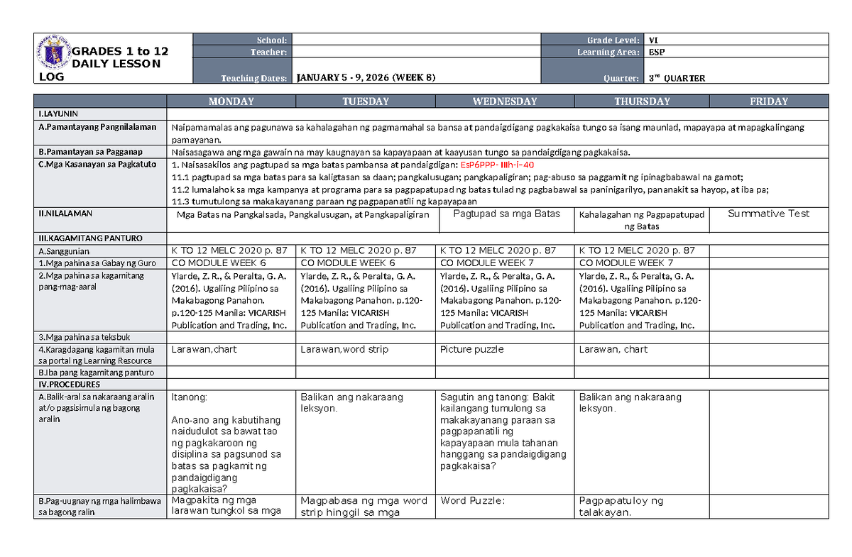 DLL-ESP Grades 1-12: Daily Lesson Plan for January 5-9, 2026 - Studocu