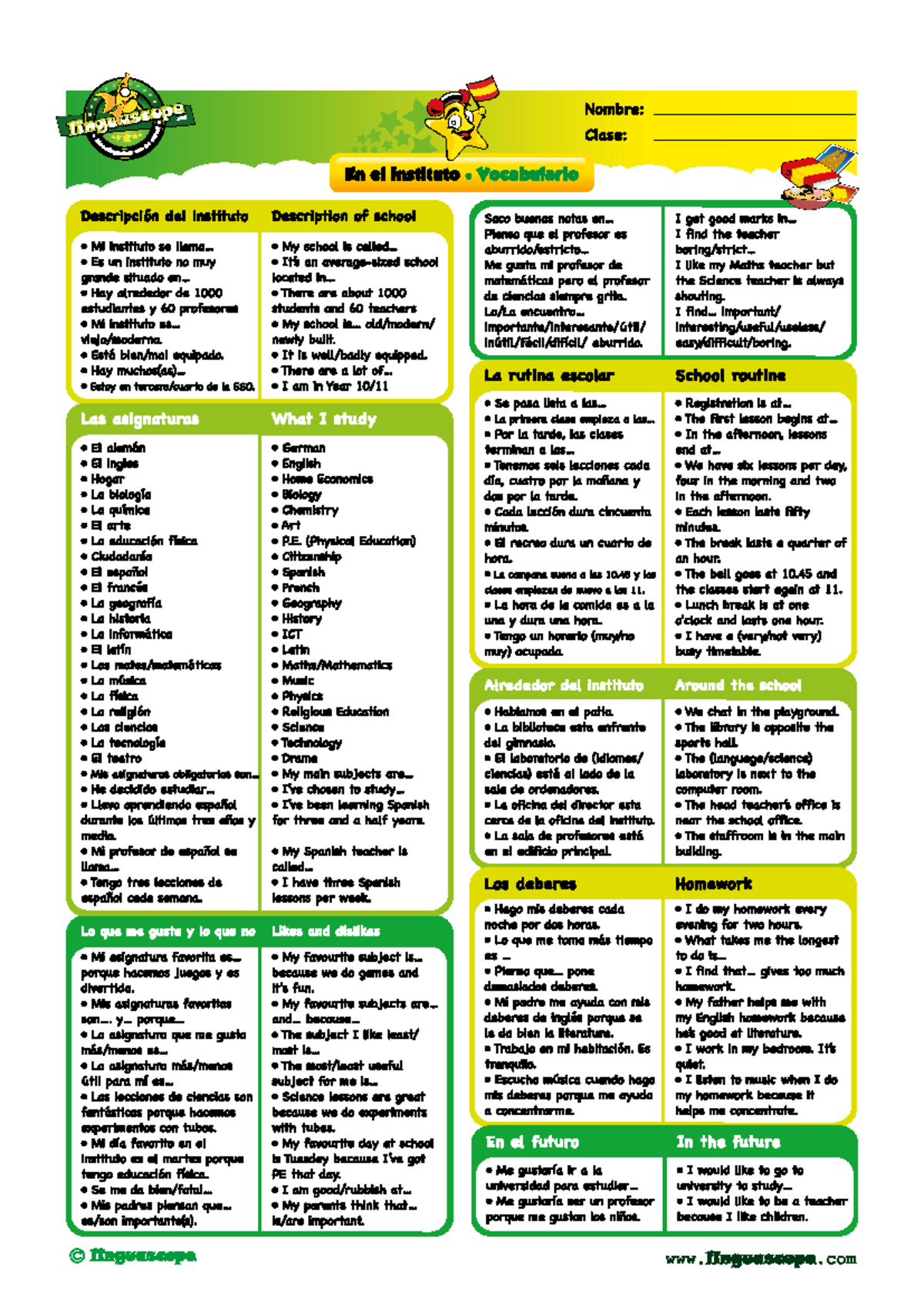 Wsint Spa School Vocab - Class Notes on School Life - Studocu