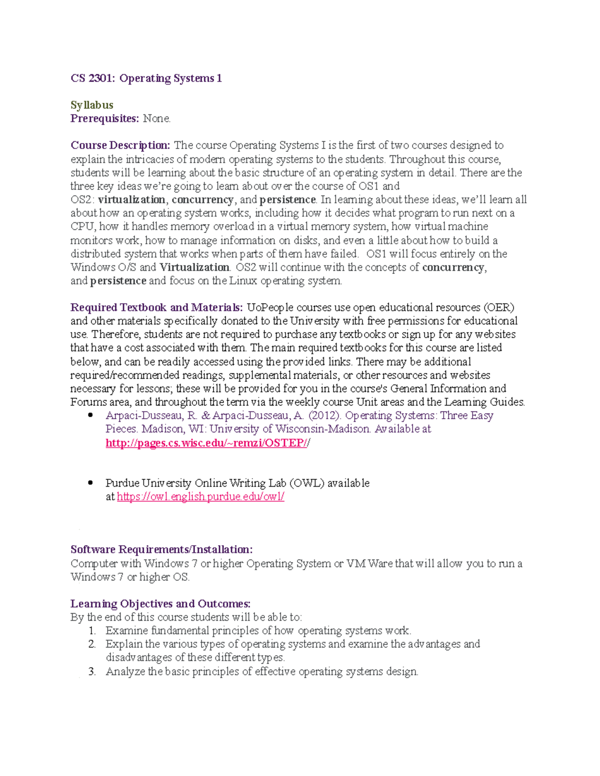 CS 2301: Official Syllabus for Operating Systems I Course - Studocu