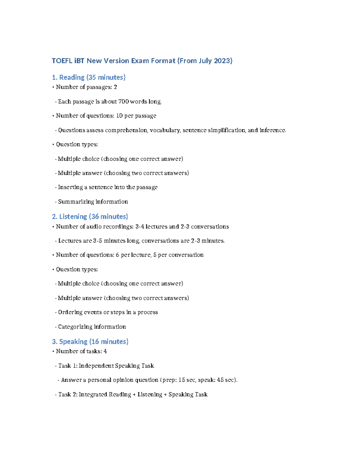 TOEFL iBT New Exam Format Overview (Effective July 2023) - Studocu