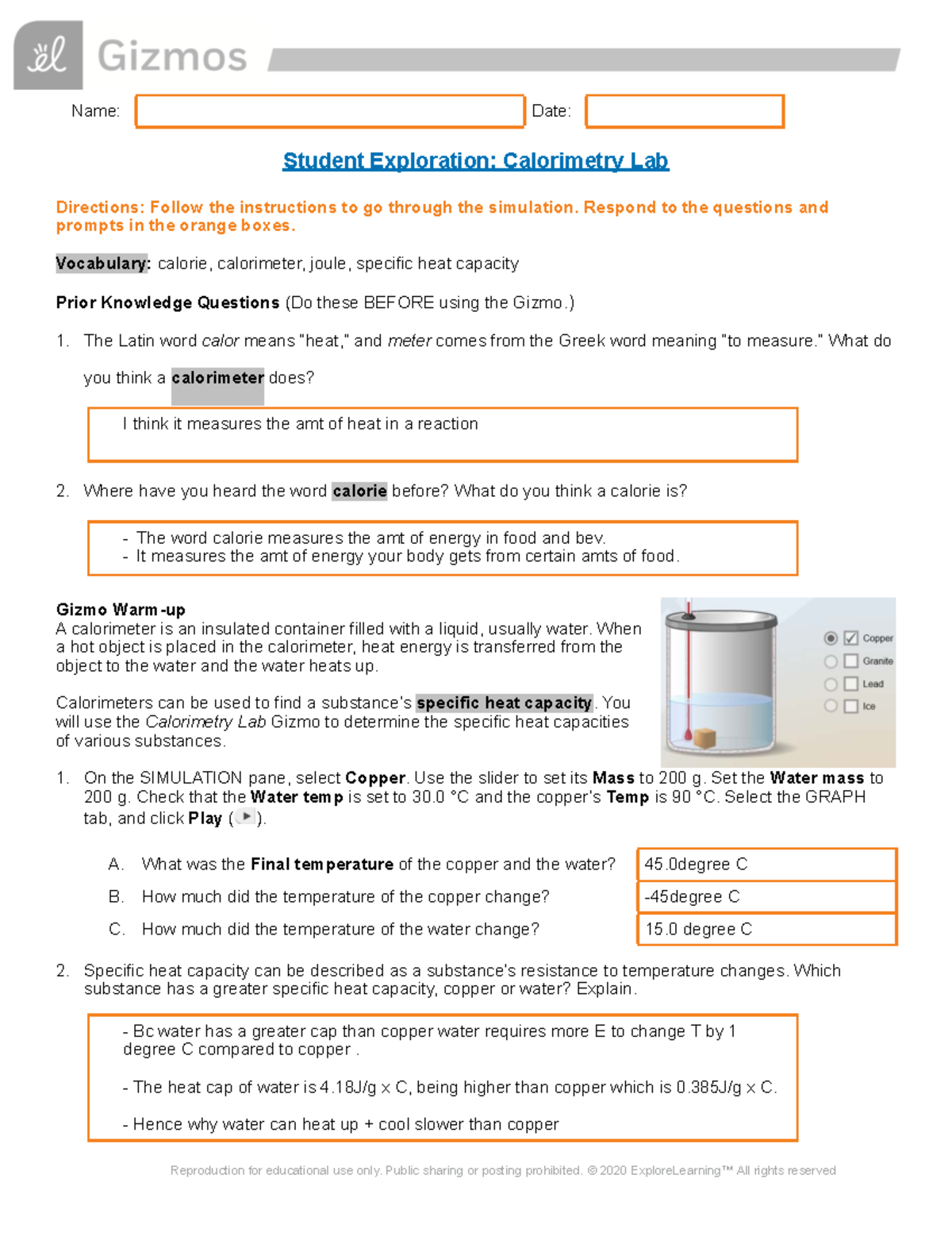 Calorimetry Lab Exploration: Understanding Heat Transfer and Specific ...