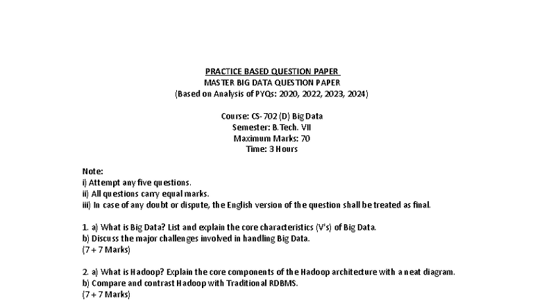 BIG DATA (D) Practice Based Question Paper: PYQs Analysis 2020-2024 - Studocu