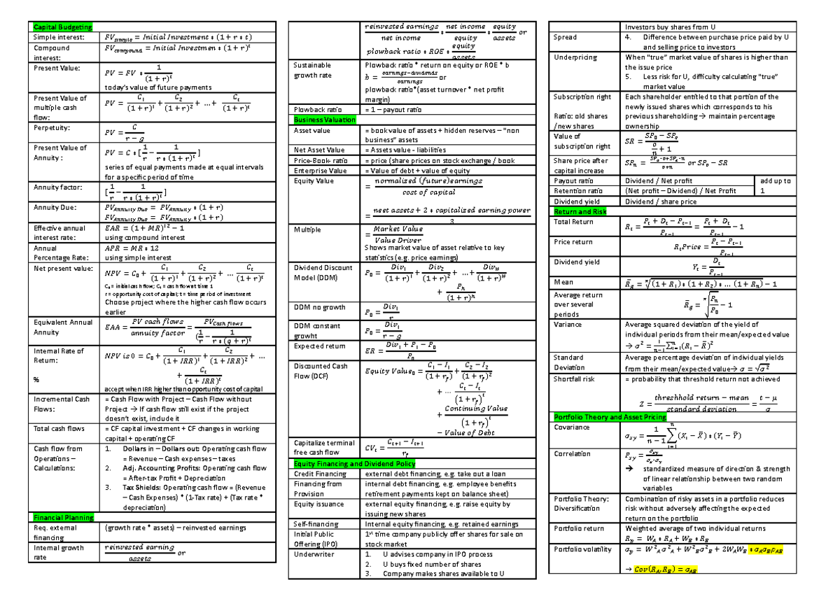 Cheatsheet for Corporate Finance Concepts (SS2024) - Studocu