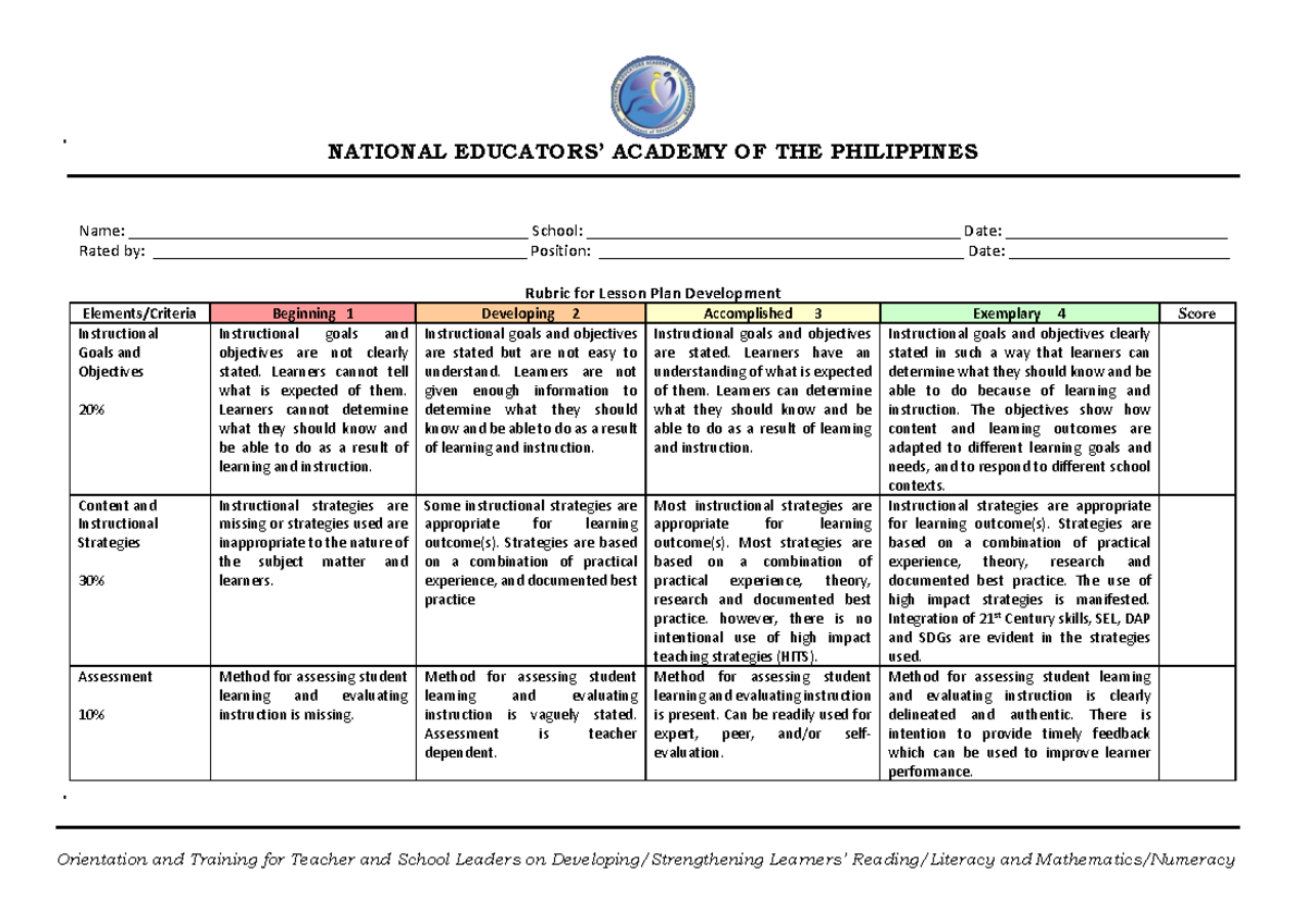 Rubric for Lesson Plan Development Version C - NATIONAL EDUCATORS ...