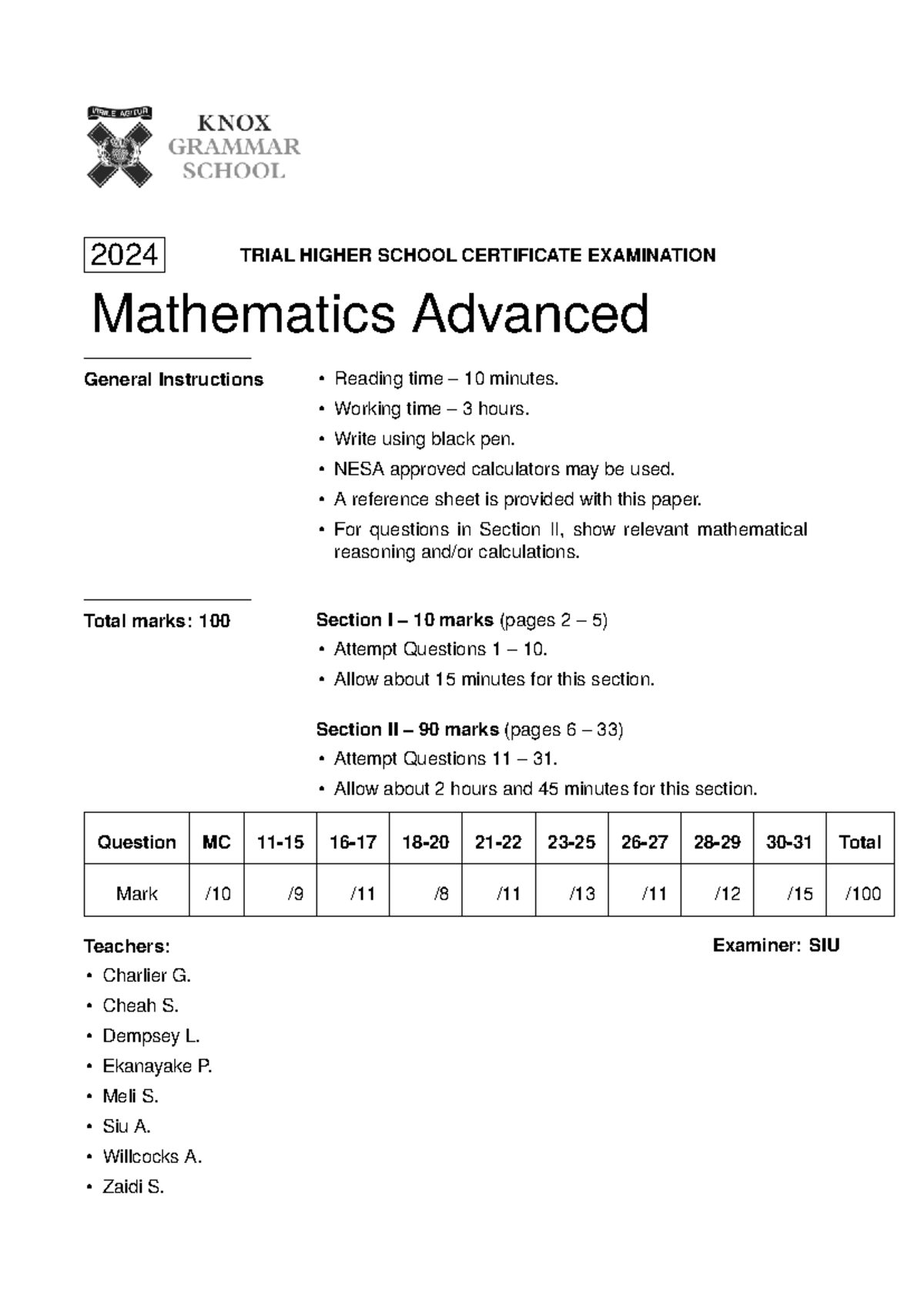 2024 HSC Mathematics Advanced Trial Exam & Solutions - Studocu