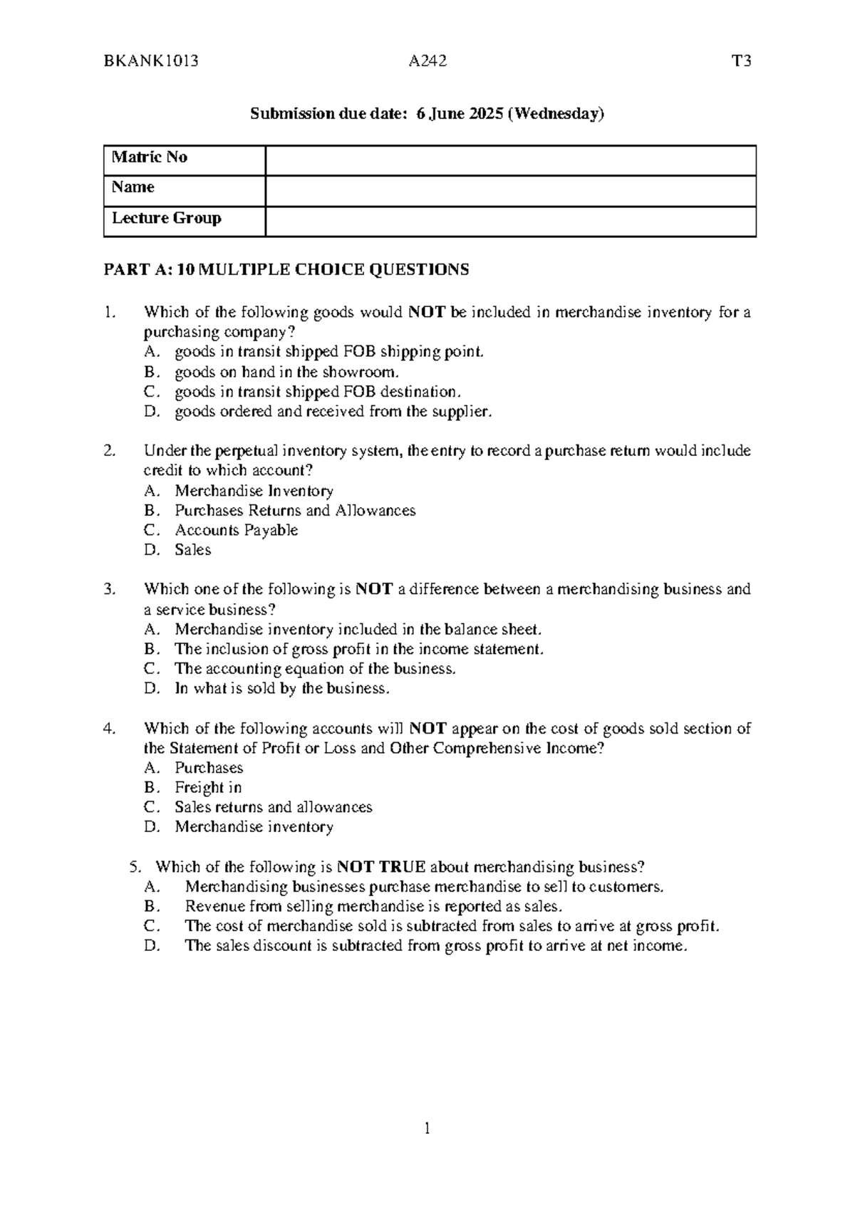 BKANK1013 A242 T3 Tutorial 3: Multiple Choice Questions & Journal ...