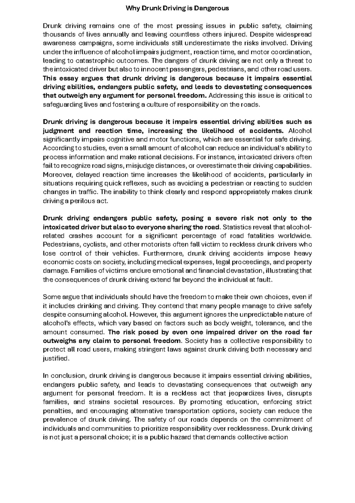 Argumentative Essay on the Dangers of Drunk Driving - Studocu