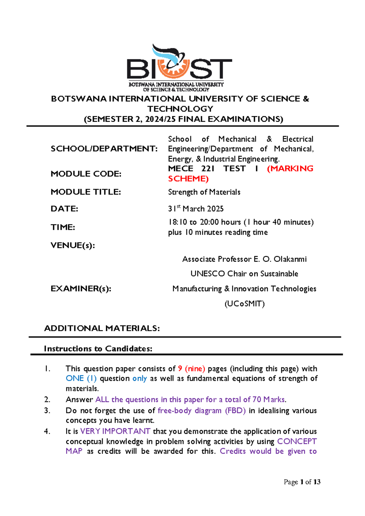 MECE 221 (2024-2025 Sem 2) Strength of Materials Test 1 Marking Scheme ...