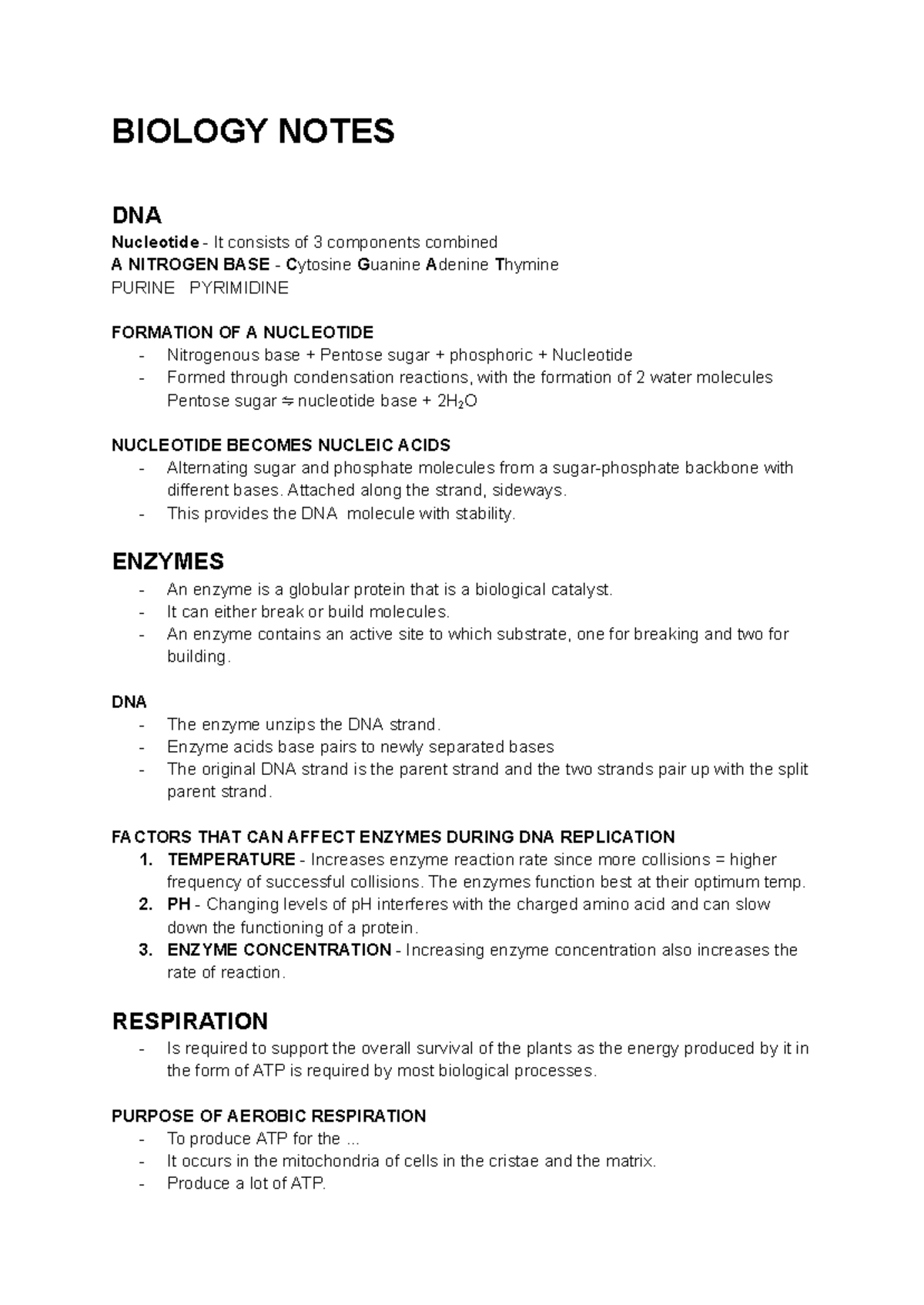 BIOLOGY NOTES (BIO101) - DNA Structure, Enzymes, and Genetic Variation ...
