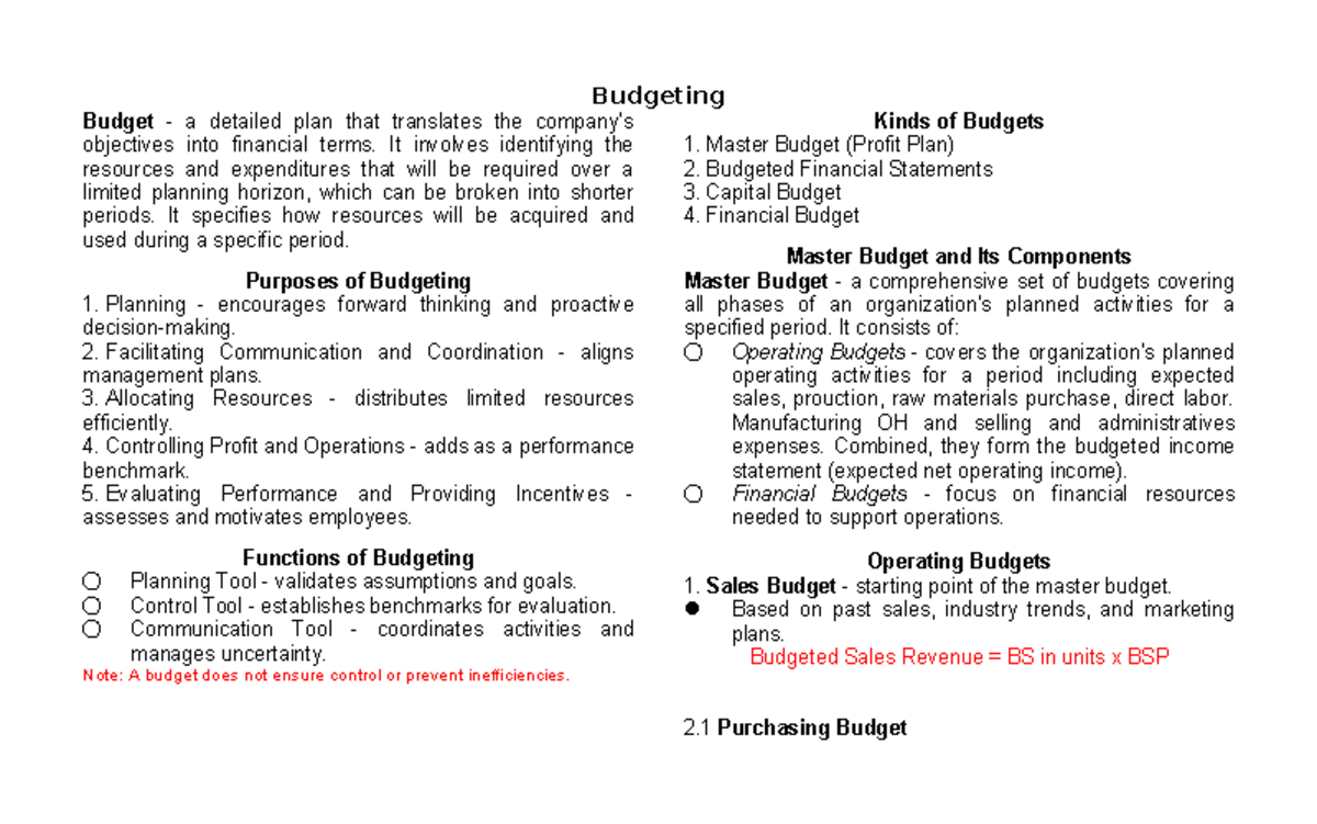 Budgeting Overview and Purpose: Key Concepts for Success - Studocu