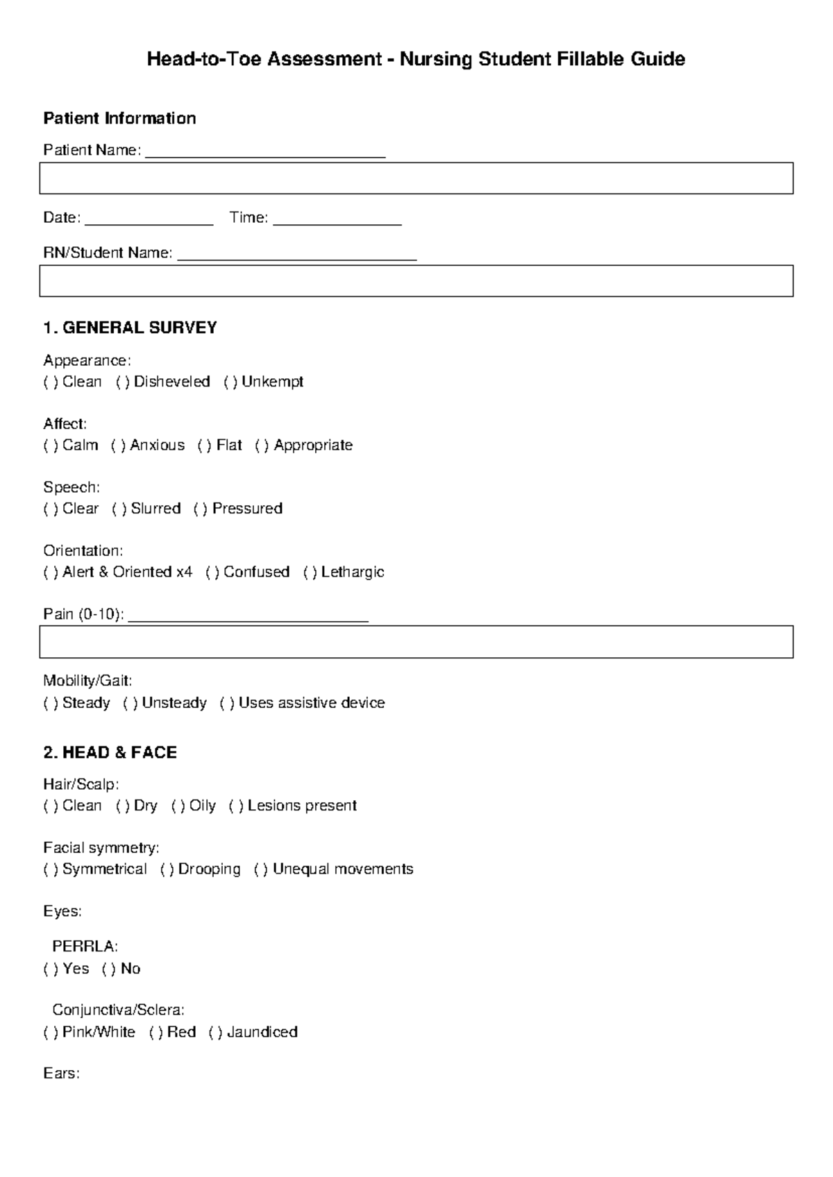 NUR 101: Head to Toe Assessment Fillable Guide - Studocu