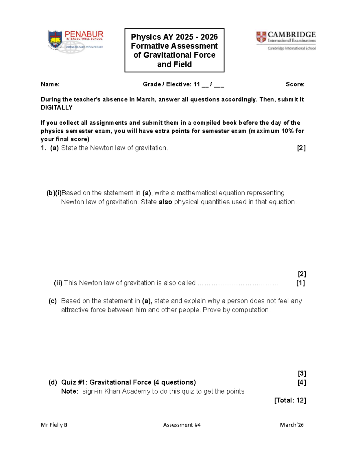 Physics AY 2025 2026 Formative Assessment: Gravitational Force & Field ...