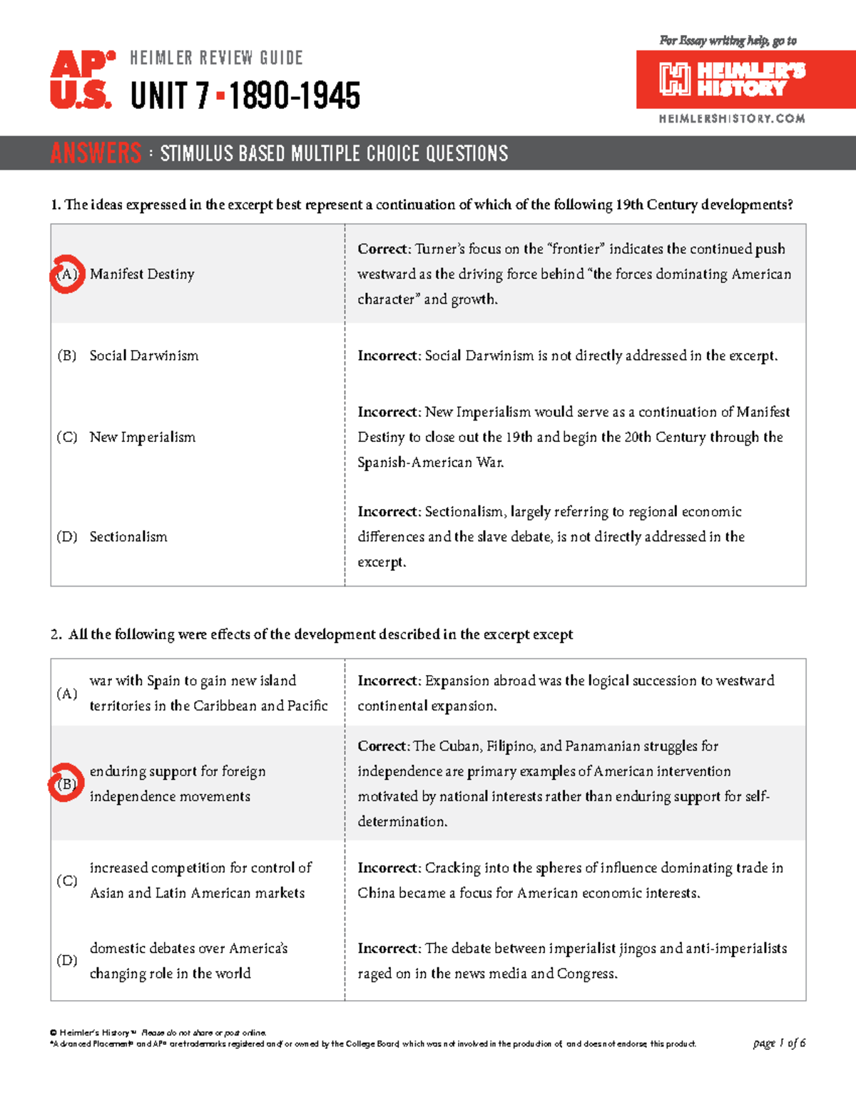 AP US HIST Unit 7 MCQ Stimulus Answers and Explanations - Studocu