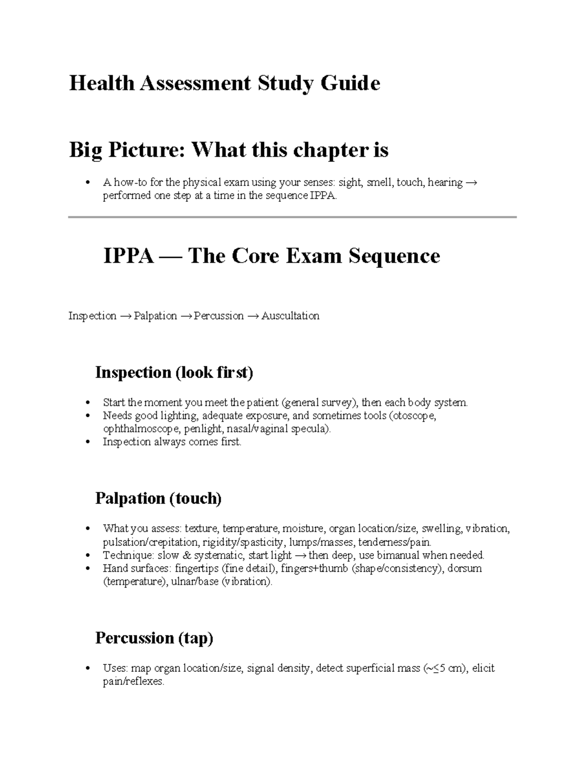 Health Assessment Study Guide: IPPA & Vital Signs Overview - Studocu