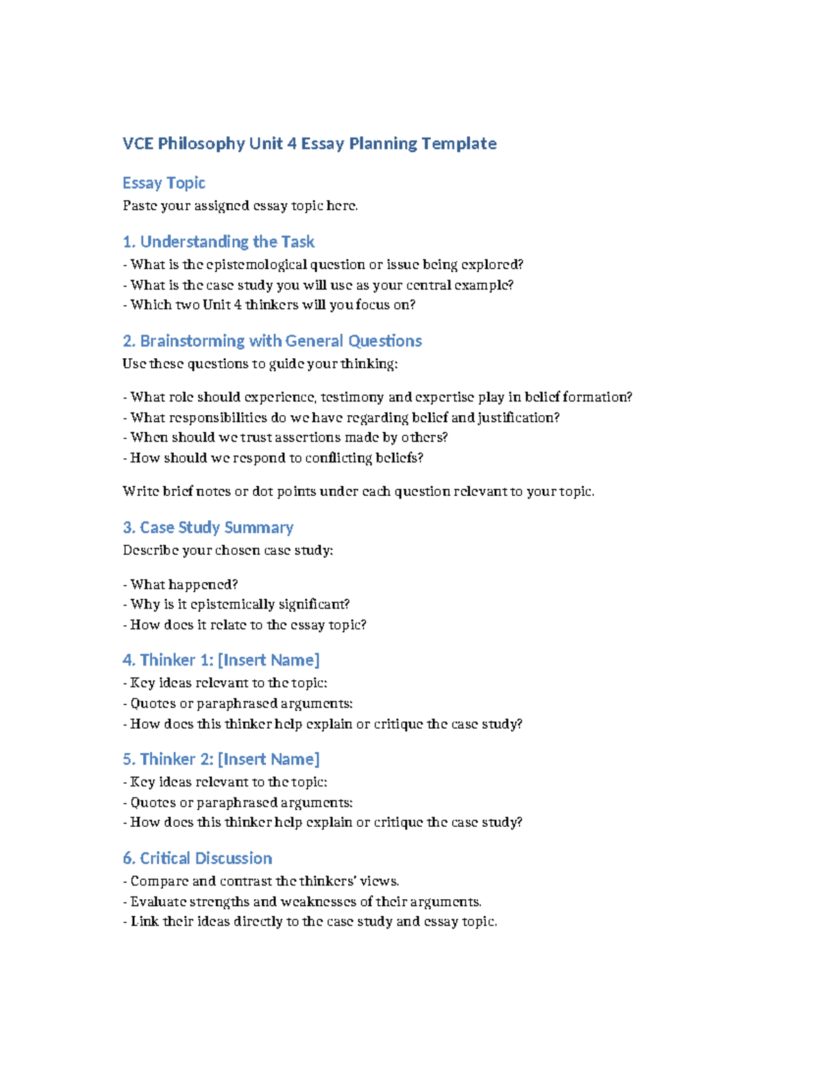VCE Philosophy Unit 4 Essay Planning Template: Case Study Focus - Studocu