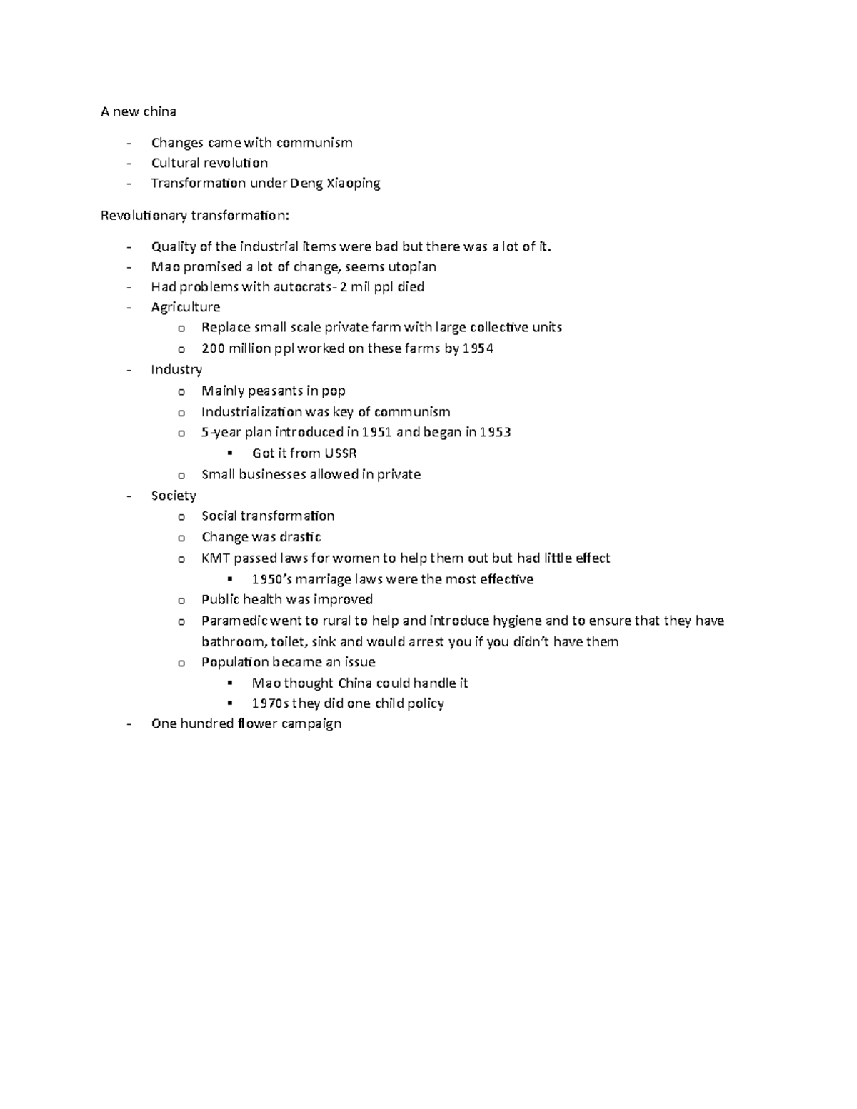 China under Mao - Lecture notes 5-7 - A new china Changes came with ...