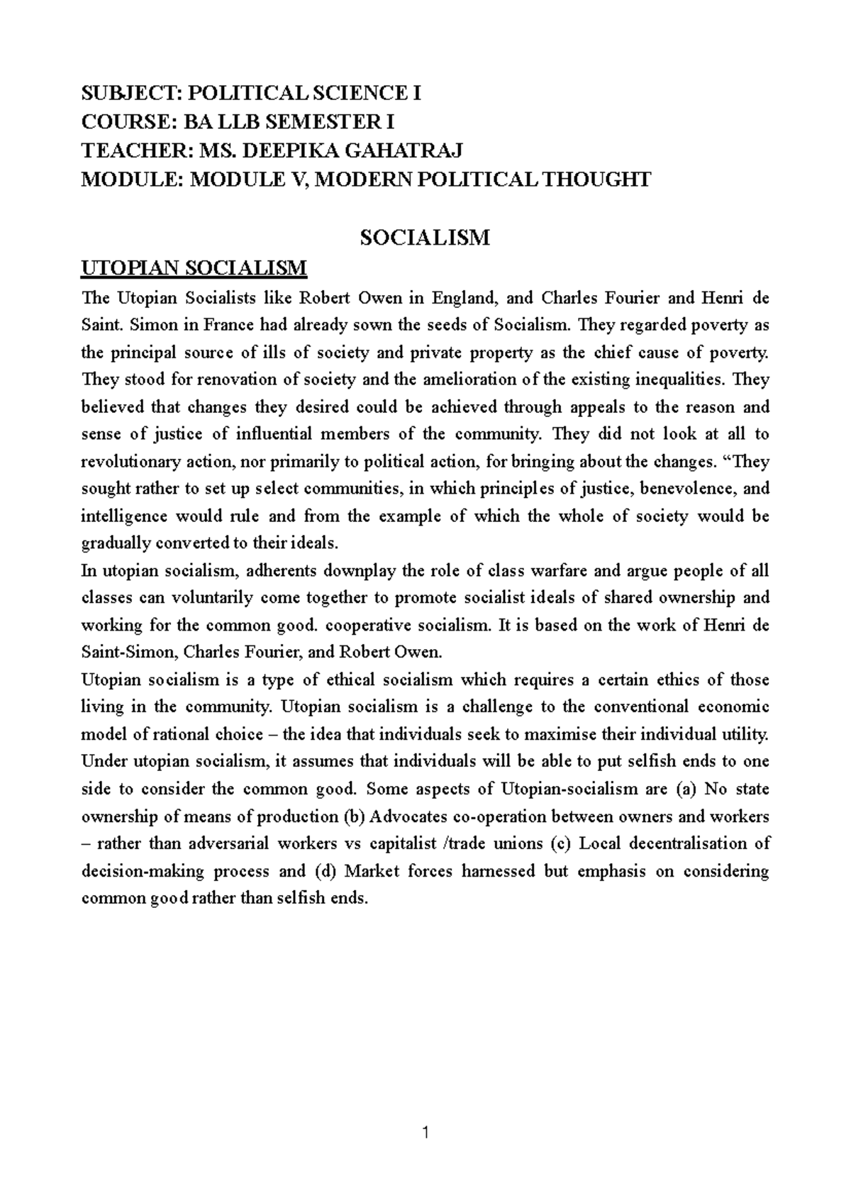 BA LLB Sem I: Utopian Socialism in Modern Political Thought - Studocu