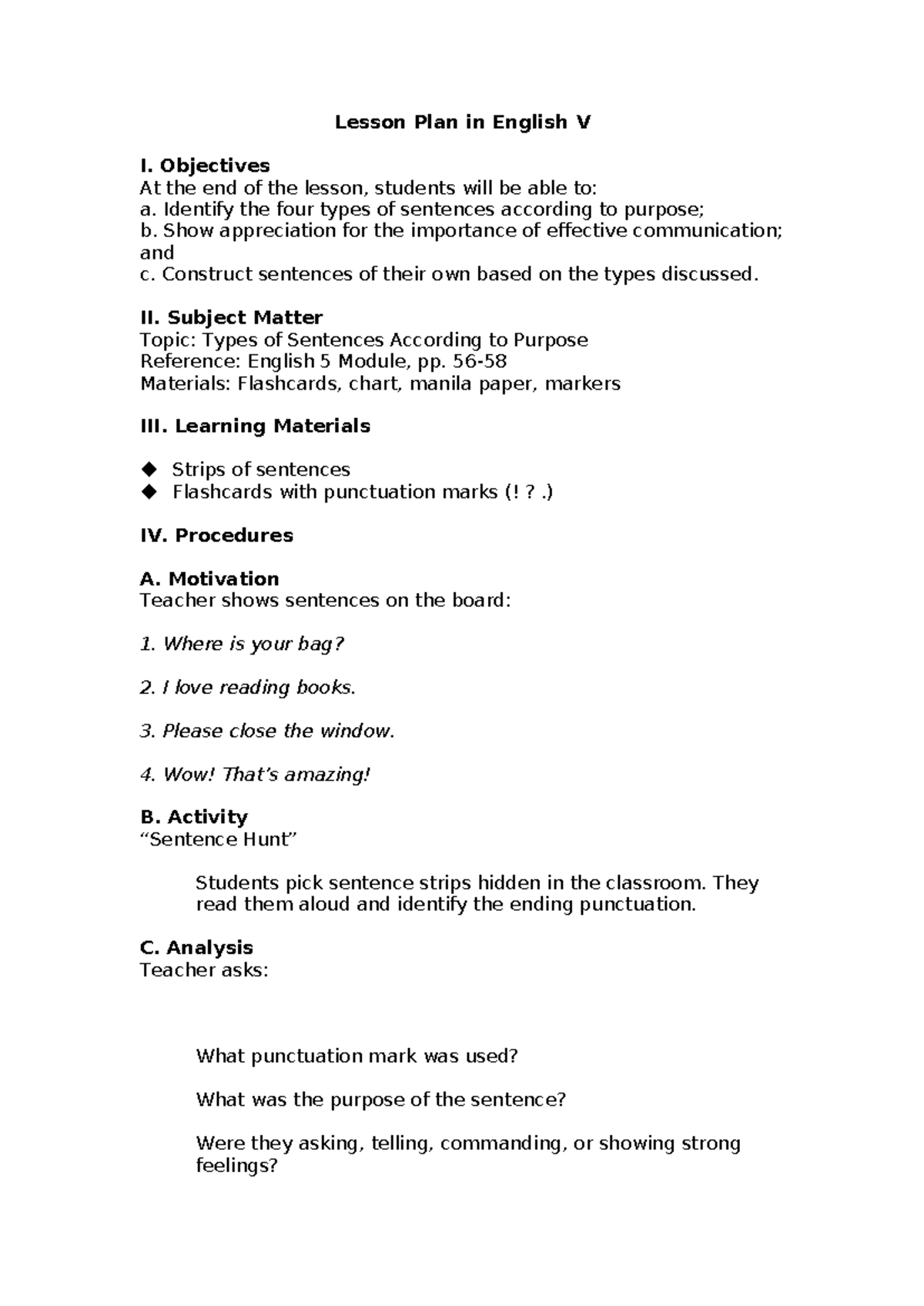 Lesson Plan: Types of Sentences in English V I - Studocu